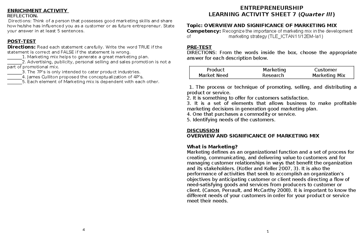 ENTREPRENEURSHIP LEARNING ACTIVITY SHEET 7: MARKETING MIX OVERVIEW ...