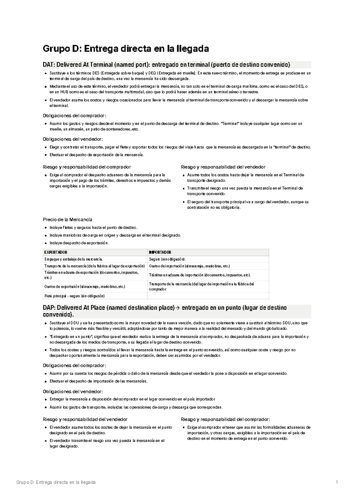 Grupo D - algunos apuntes - Grupo D Entrega directa en la llegada 1 ...