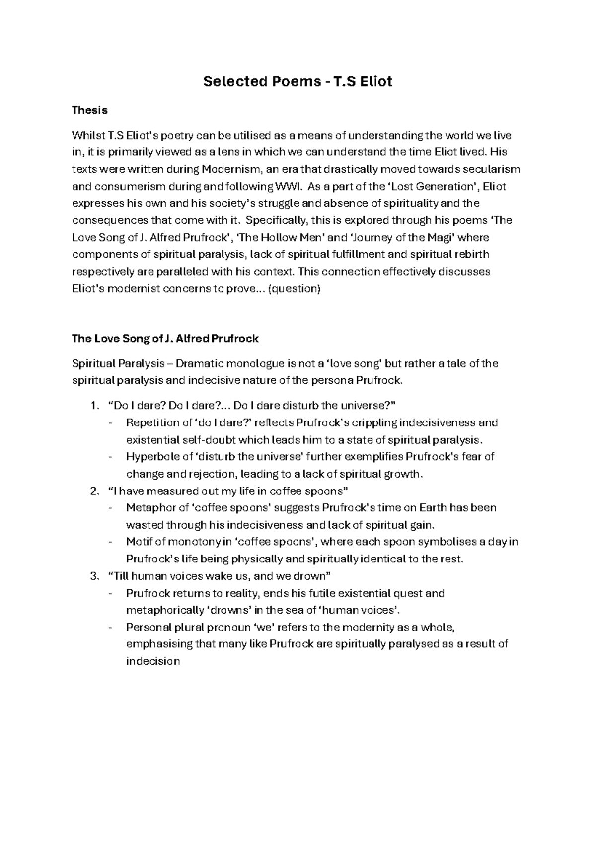 English - Selected Poems Analysis: T.S. Eliot & Richard III - Studocu