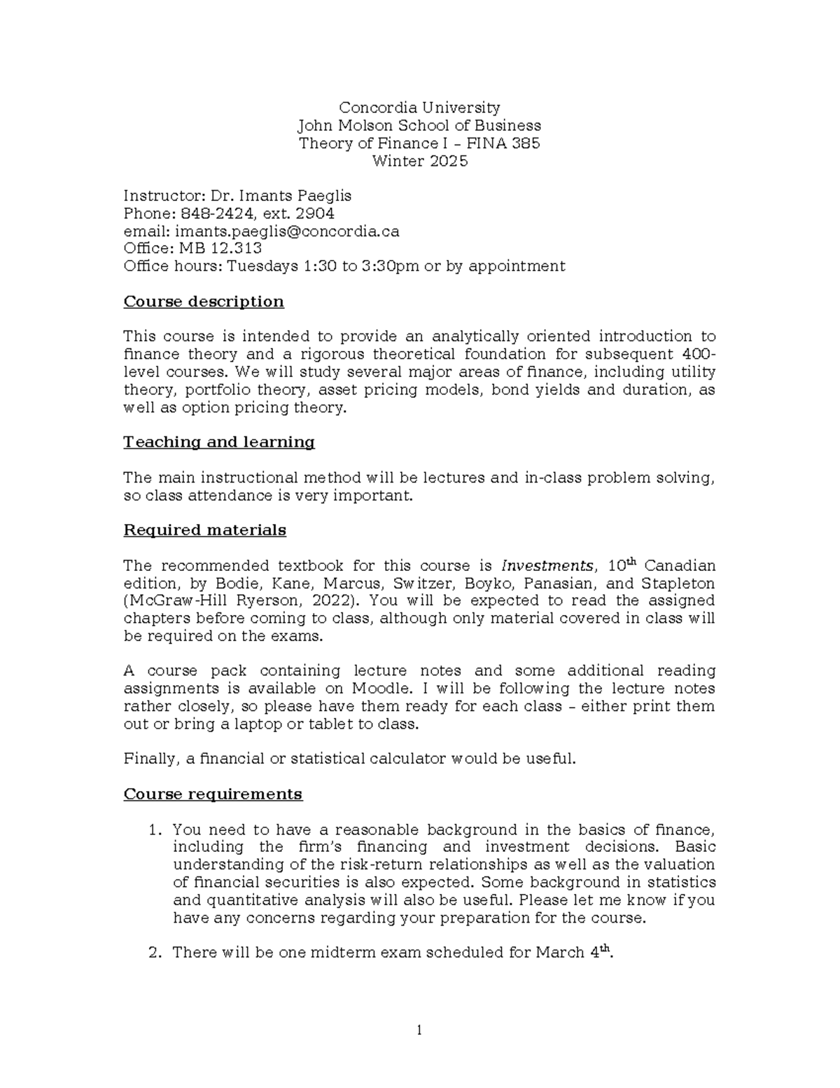 Syllabus Outline for Theory of Finance I (FINA 385) - Winter 2025 - Studocu