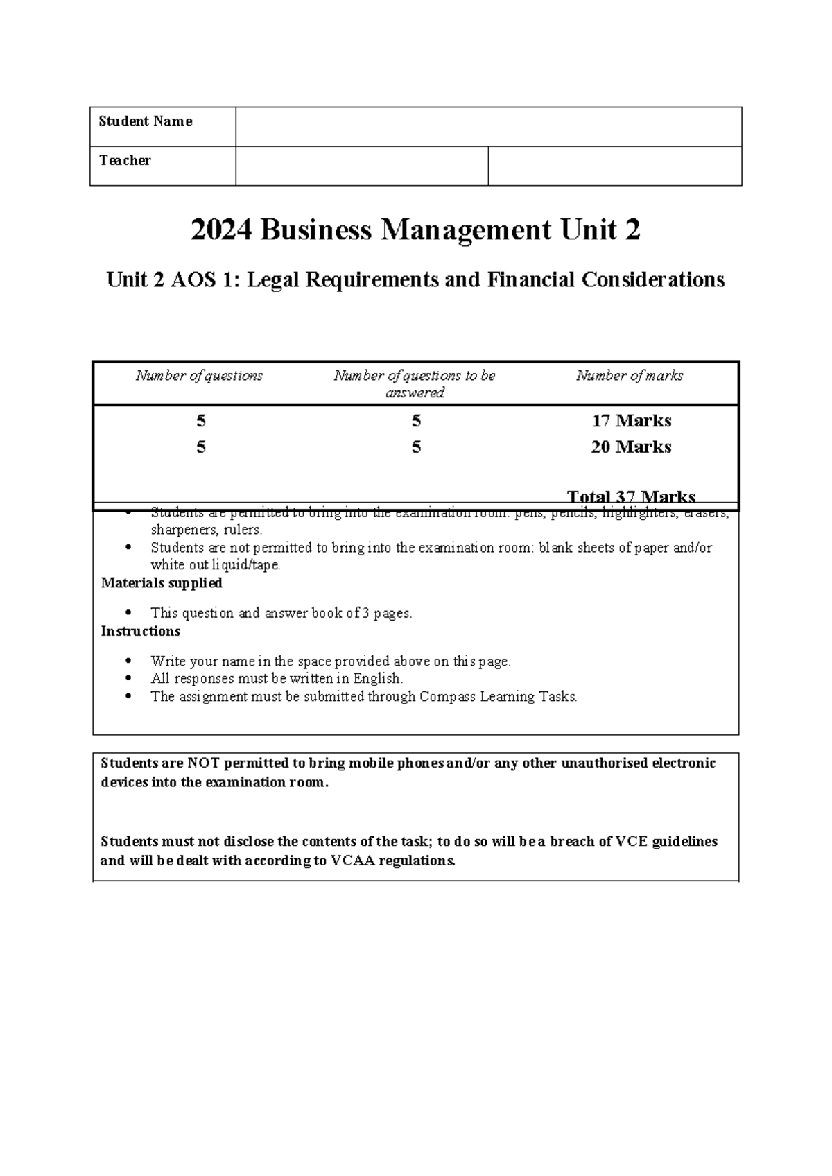 2024 BM Unit 2 AOS 1 SAC: Legal & Financial Considerations - Studocu