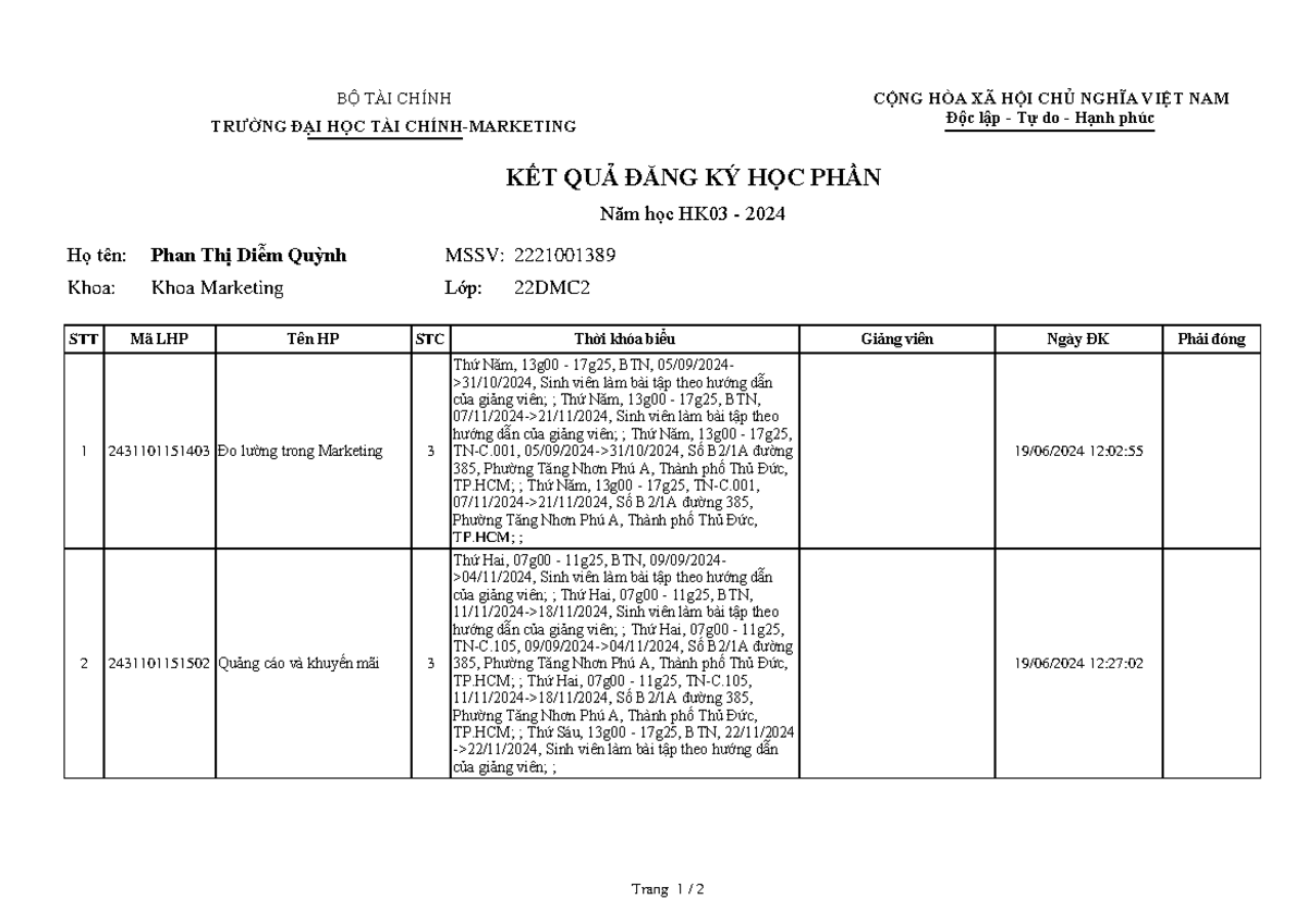 Kết Quả Đăng Ký-3 - aaaaasssss - 2221001389 Khoa: Lớp: Họ tên: TRƯỜNG ...