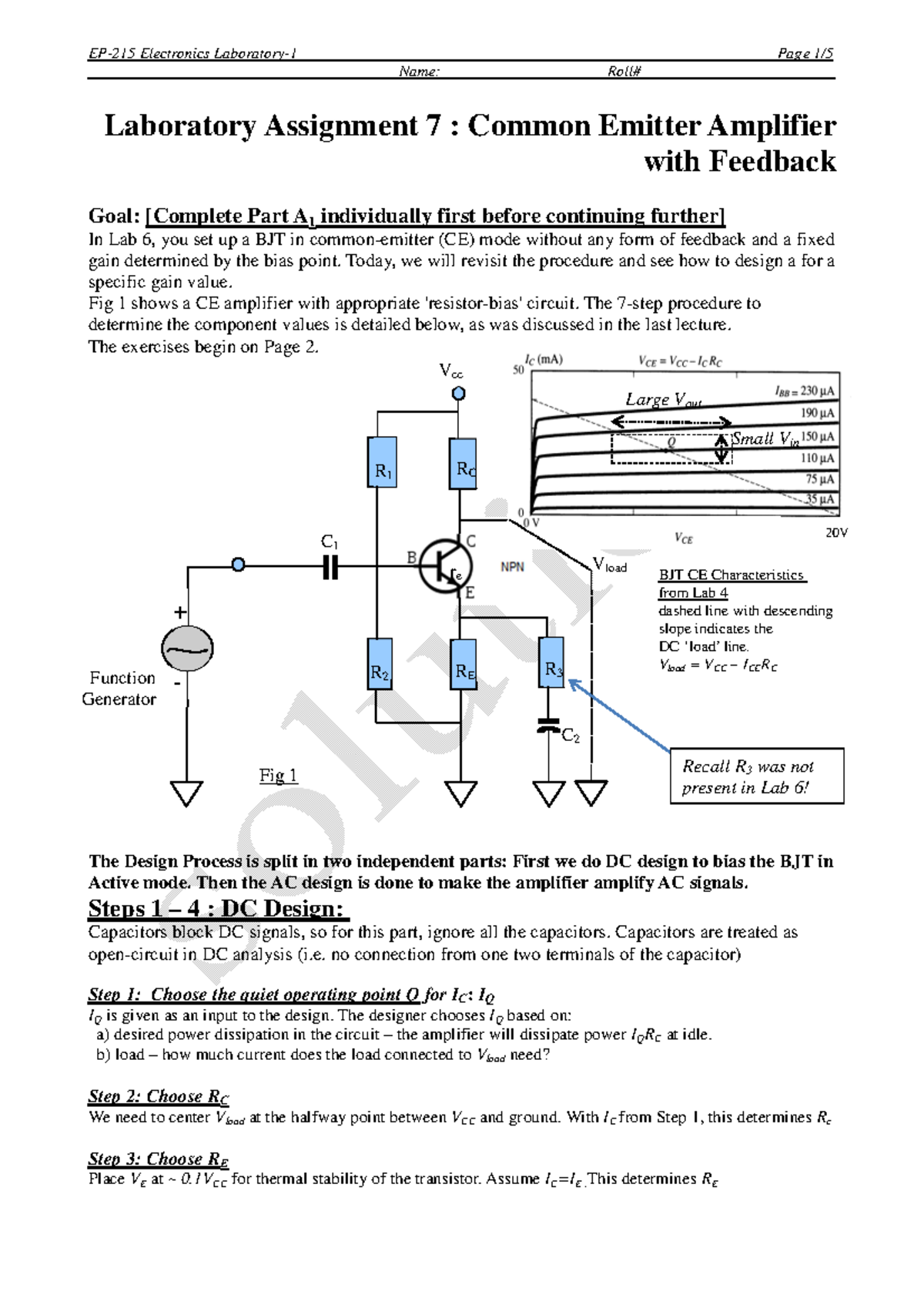 Lab 07 CEDesign Emitter Feedback Solution - _Name: Roll# Fig 1 C 1 ...