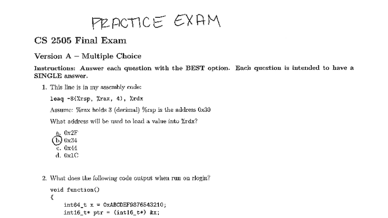 PRACTICE EXAM CS 2505 Final Exam Version A - Multiple Choice Questions ...