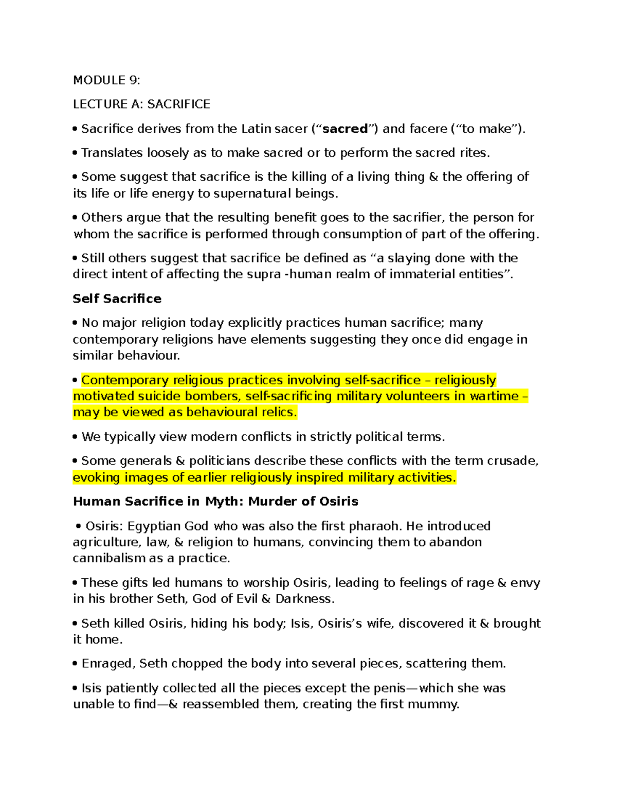 MODULE 9: LECTURE A: SACRIFICE IN RELIGION AND CULTURE - Studocu