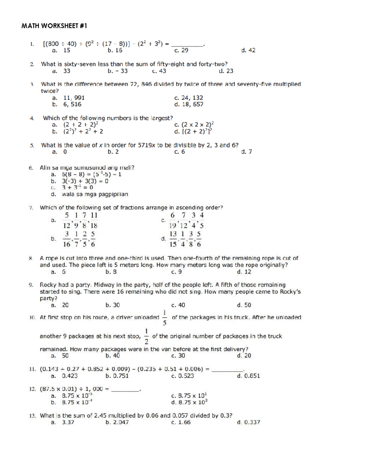 MATH 1 - Worksheet for Mathematics Diagnostics Exam - Studocu