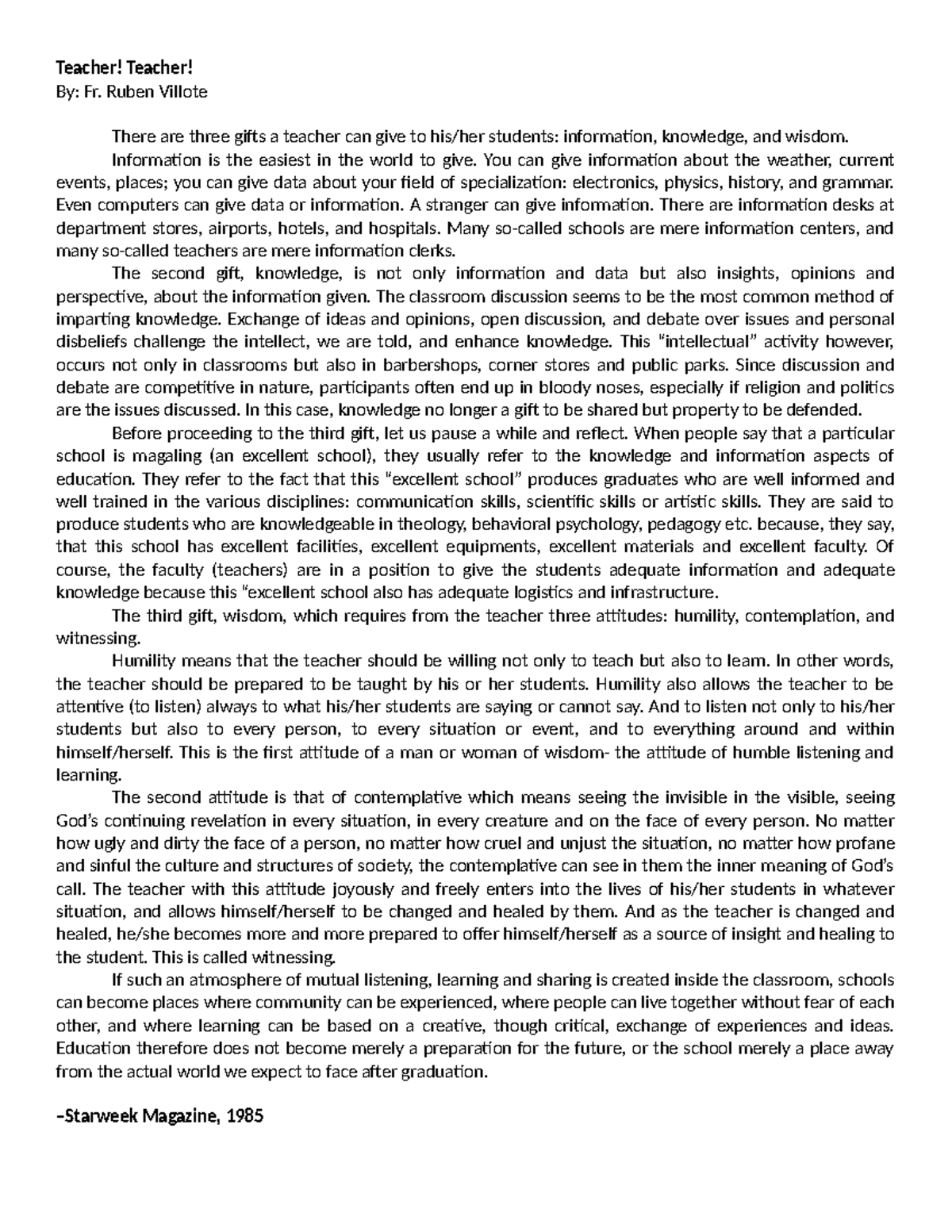Three Gifts of a Teacher: Info, Knowledge, and Wisdom Insights - Studocu