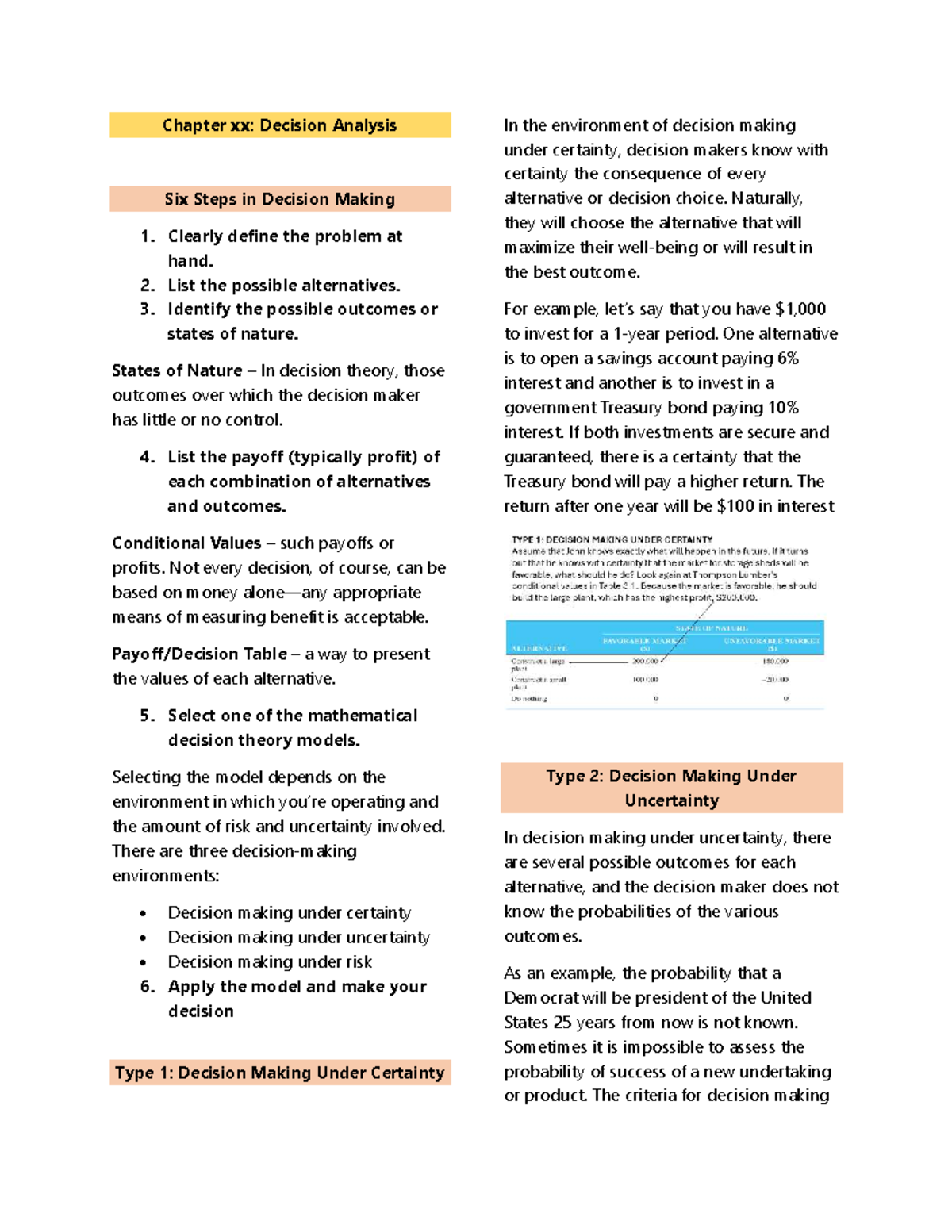 Decision Analysis Notes - Chapter xx: Decision Analysis Six Steps in ...