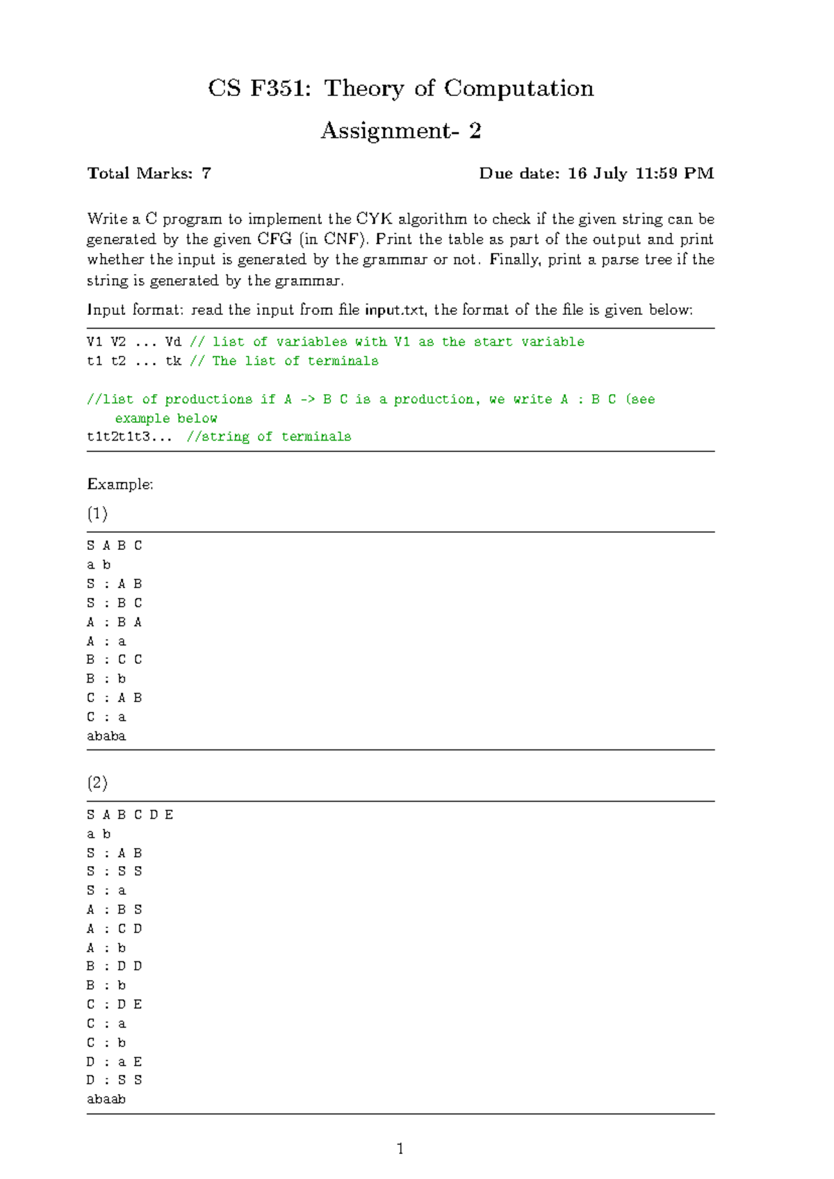 CS F351 Assignment 2 - Implementing the CYK Algorithm - Studocu