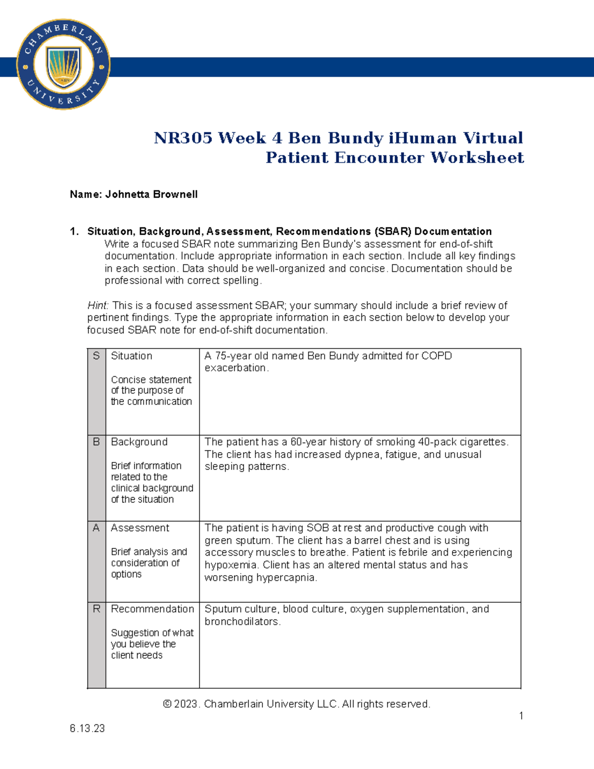 NR305 W4 Patient Encounter Worksheet for Ben Bundy - iHuman Case Study ...