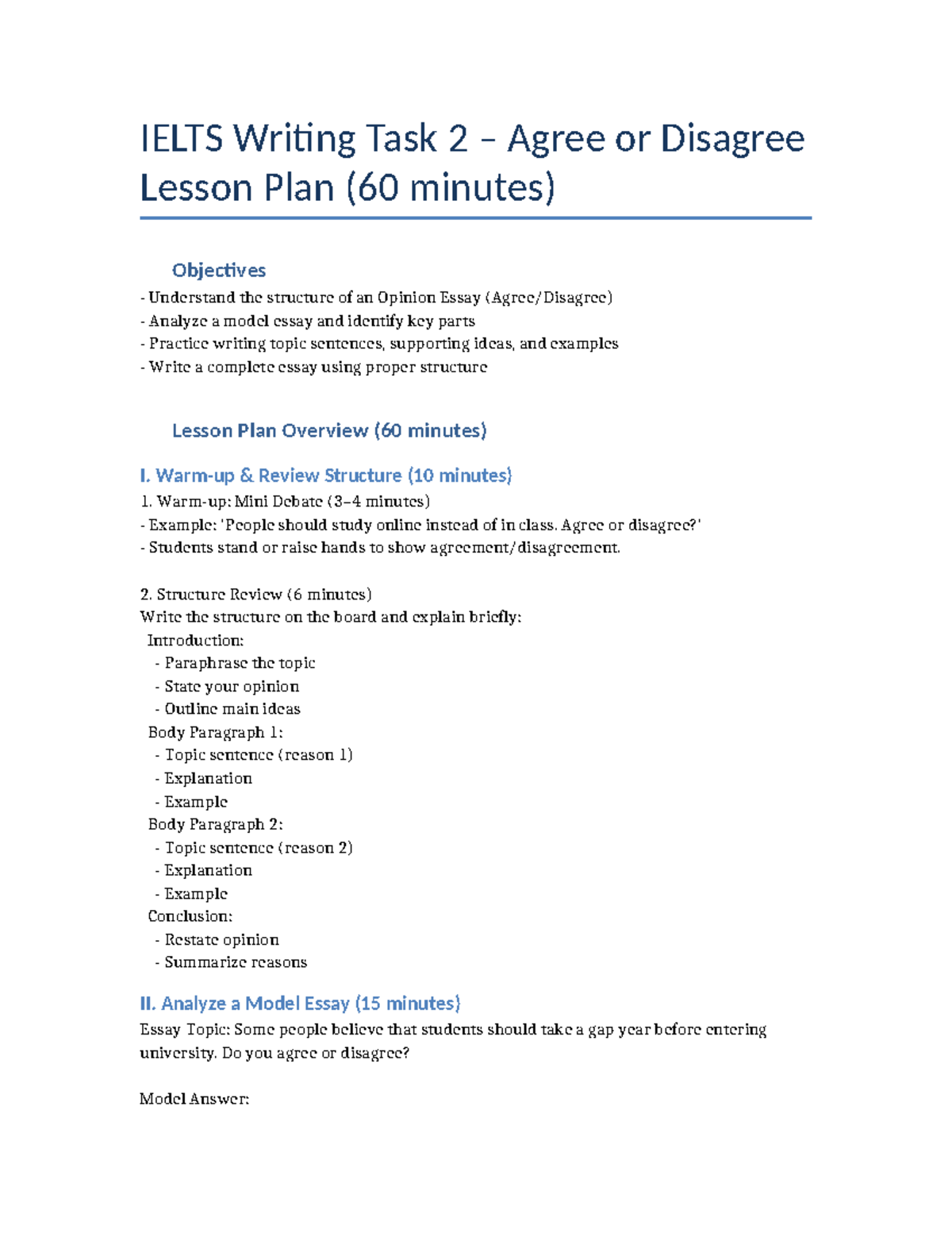 IELTS Writing Task 2: Agree/Disagree Essay Lesson Plan (60 min) - Studocu