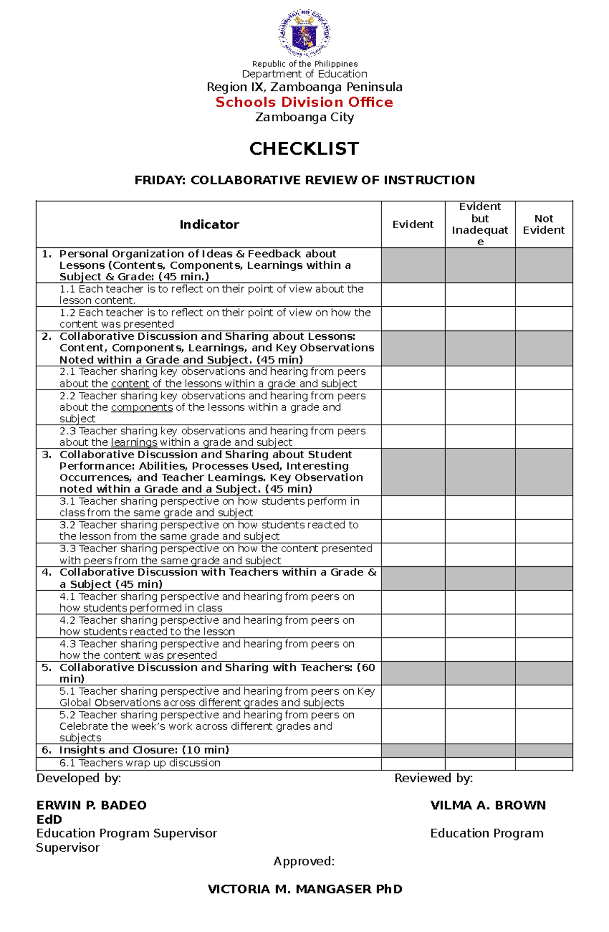 Checklist FOR Collaborative Expertise - Republic of the Philippines Department of Education ...
