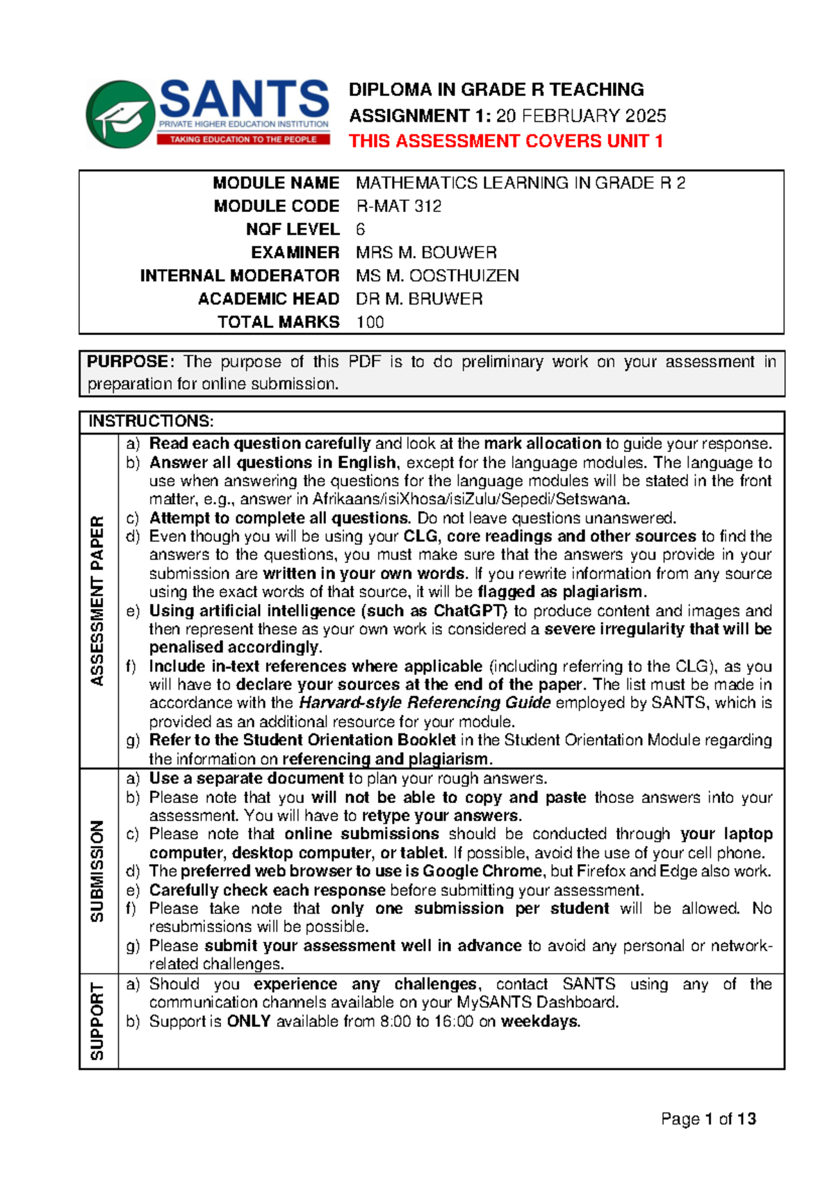 R-MAT 312 Final Assignment: Mathematics Learning in Grade R 2 - Studocu