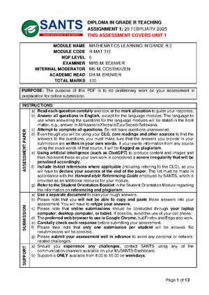 R-FMA 110 Ass 1Question Paper - DIPLOMA IN GRADE R TEACHING ASSIGNMENT ...