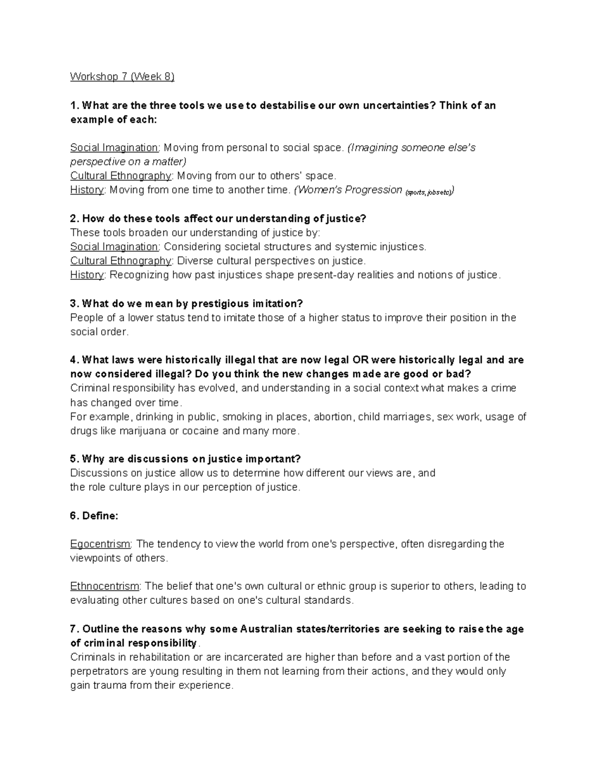 LEG100 Workshop Insights for Week 8: Justice and Society - Studocu