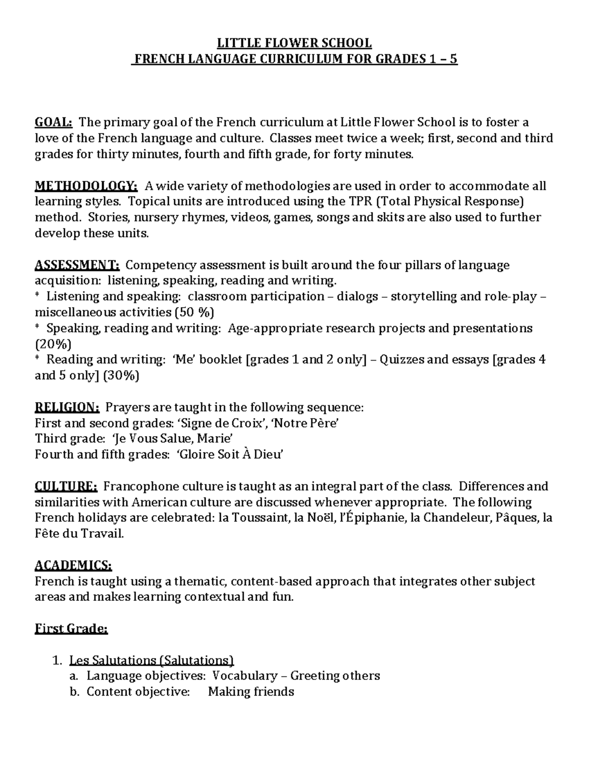 LFS French Language Curriculum for Grades 1-5 Overview - Studocu