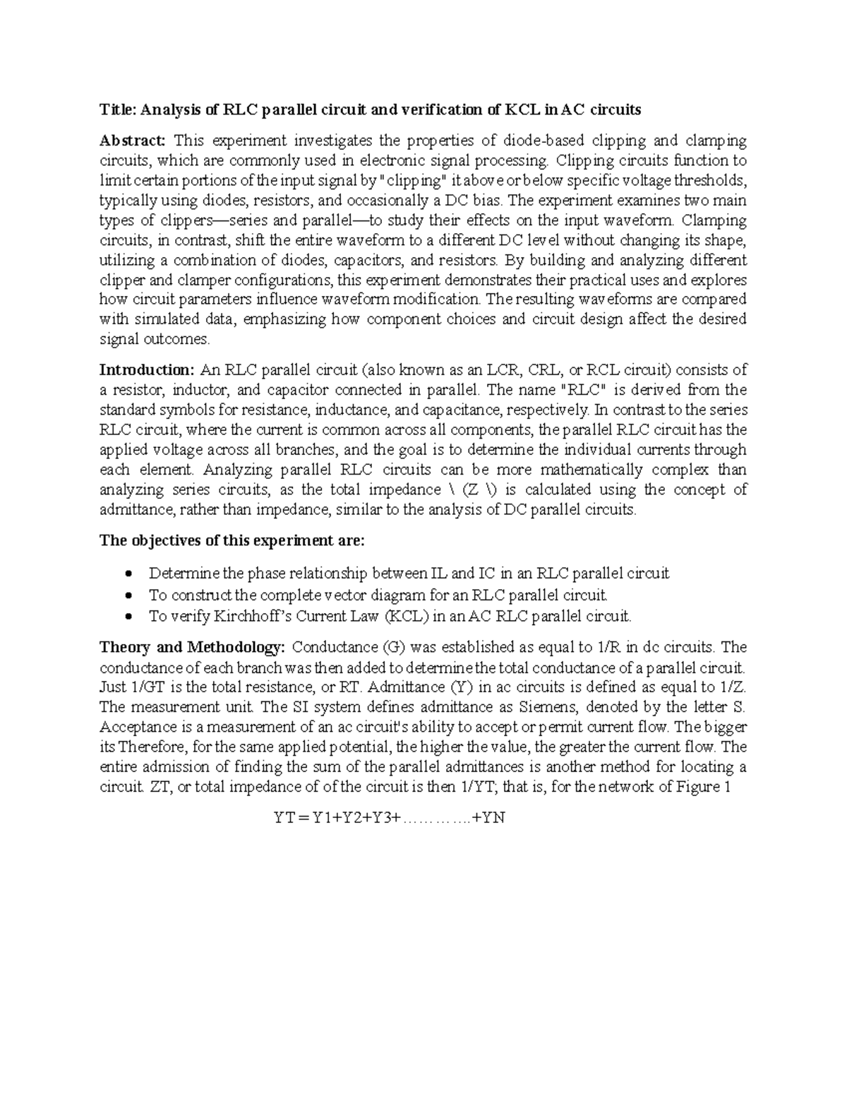 AC Lab 3: RLC Parallel Circuit Analysis & KCL Verification Report - Studocu