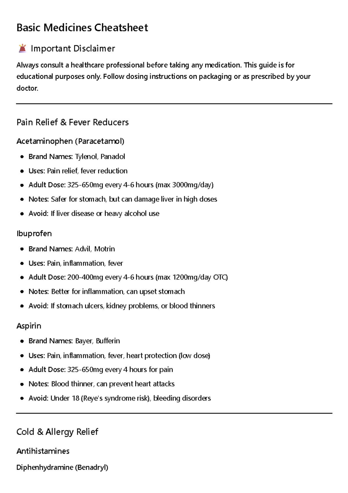 Basic Medicines Cheatsheet: Essential Info & Dosing Guidelines - Studocu