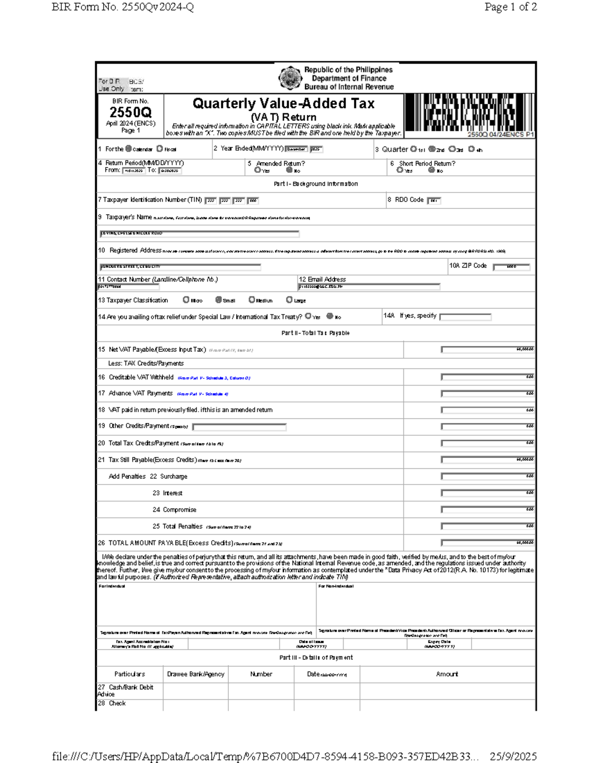 BIR Form 2550Q: Quarterly VAT Return Instructions (April 2024) - Studocu