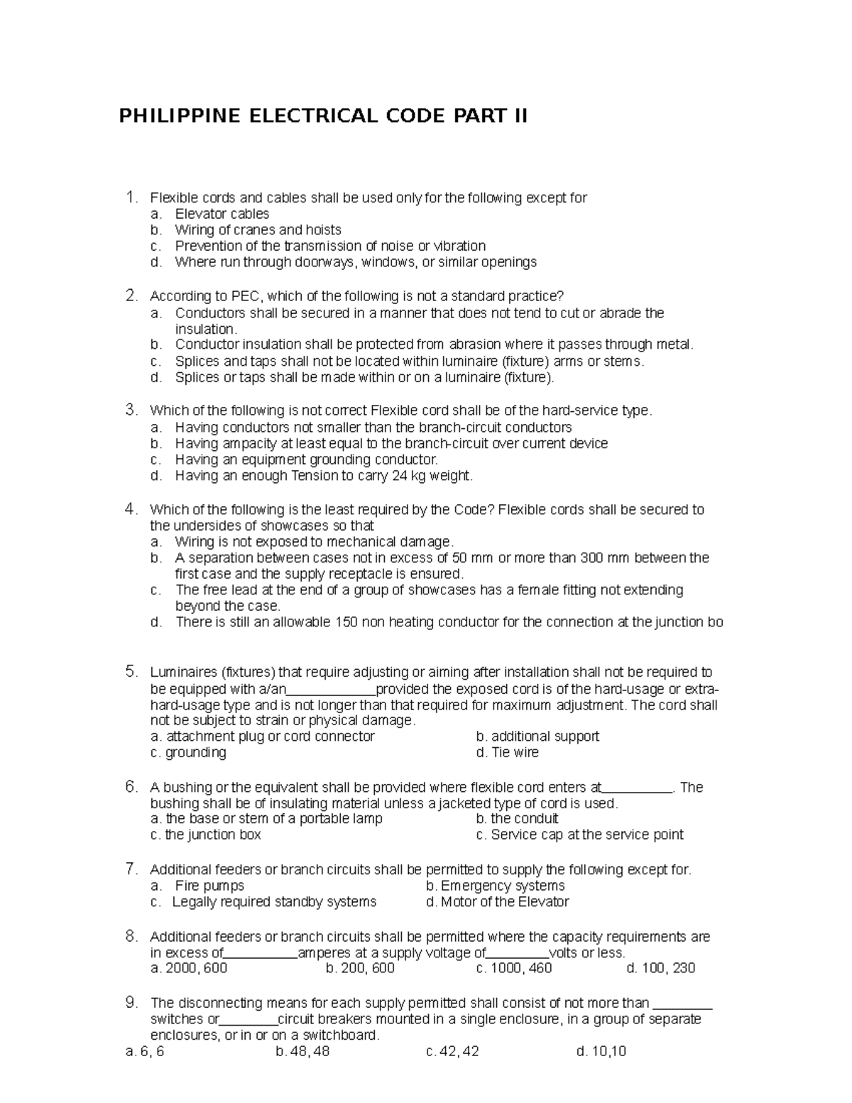 Pec2 - reviewer - PHILIPPINE ELECTRICAL CODE PART II 1. Flexible cords ...