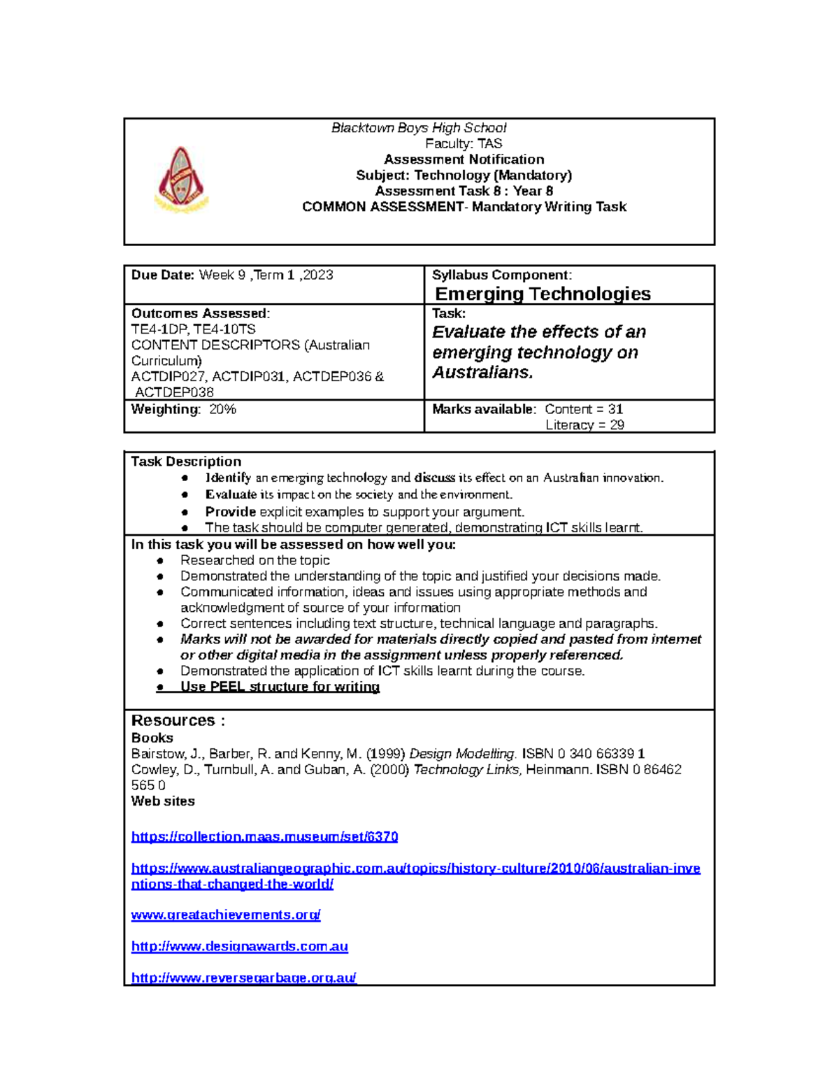 Year 8 Technology (Mandatory) Assessment Task 8: Emerging Innovations ...