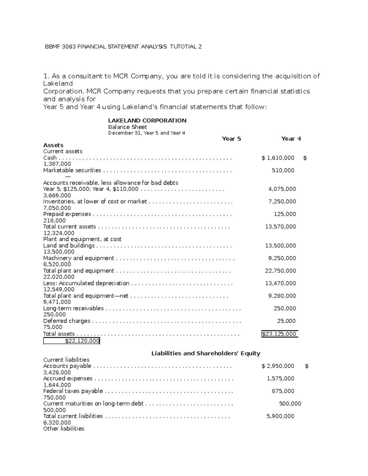 FSA -Tutorial 2 - fsa - BBMF 3063 FINANCIAL STATEMENT ANALYSIS TUTOTIAL ...