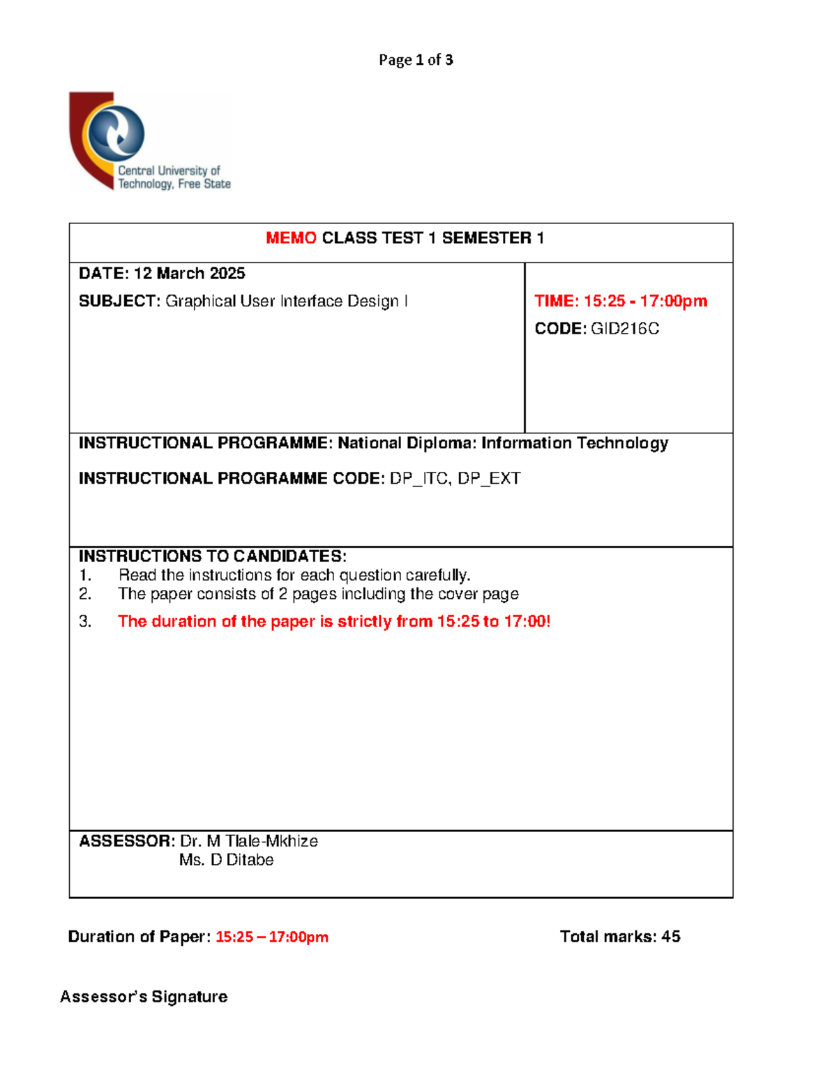 GID216C Class Test 1 Memo: GUI Design Insights and Instructions - Studocu