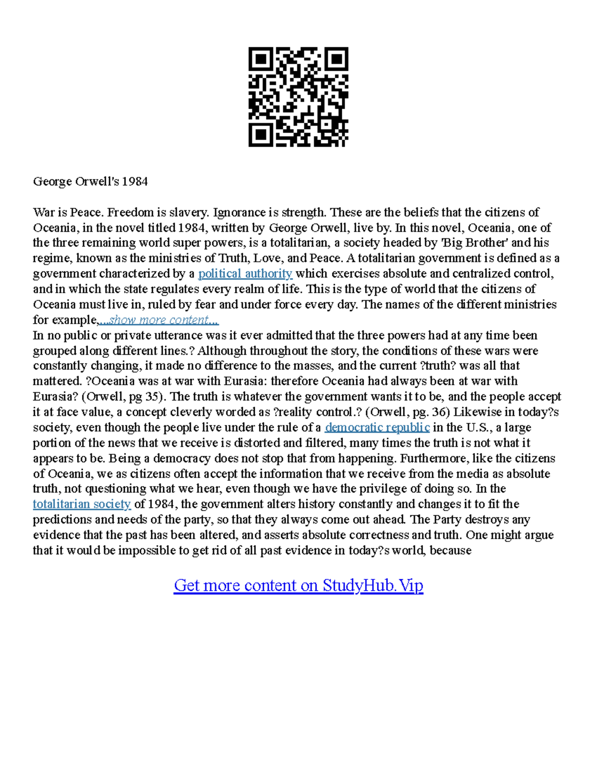 George Orwell 1984 Essays - George Orwell's 1984 War is Peace. Freedom ...
