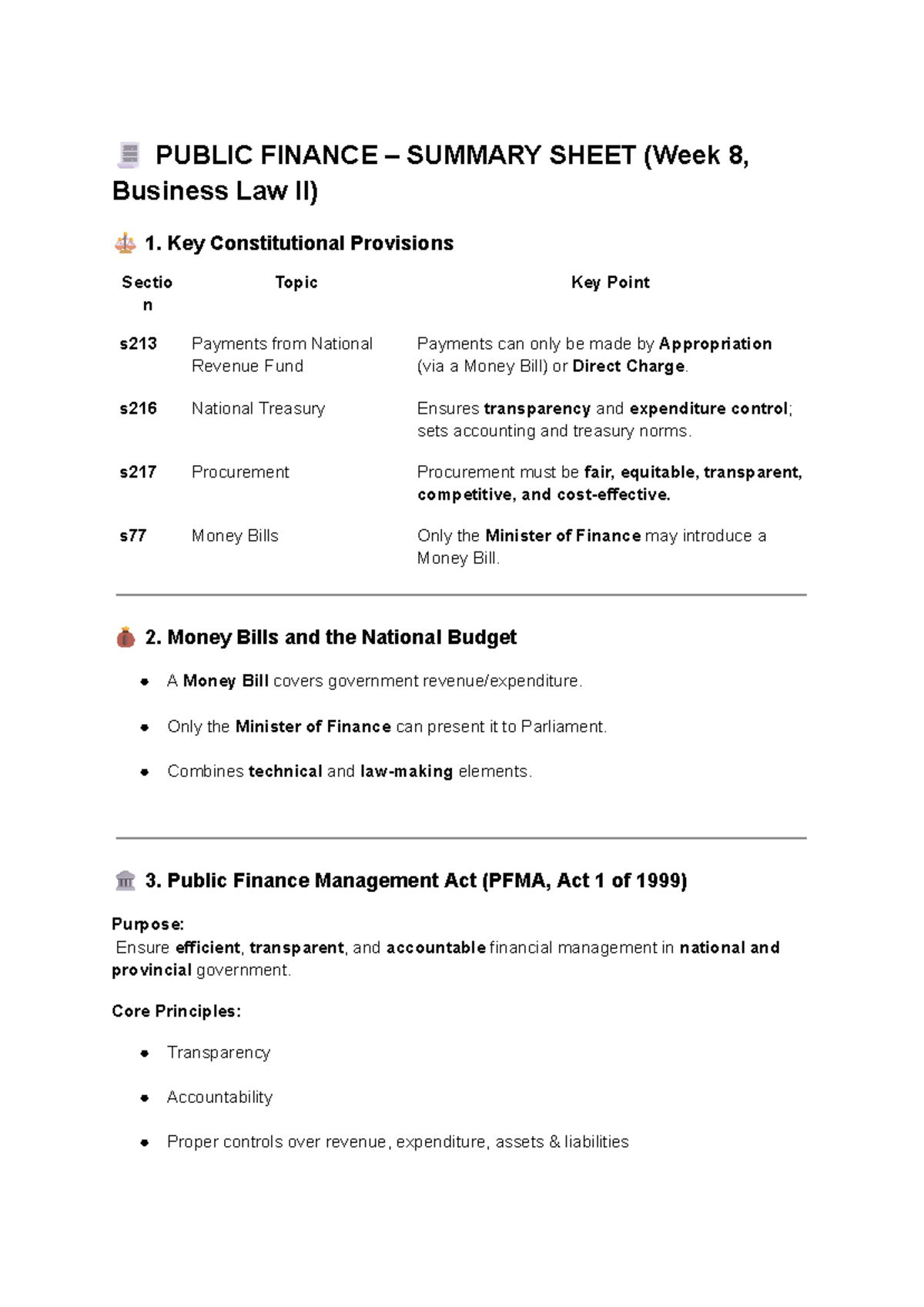 Public Finance Summary Sheet (Week 8, Bus Law II) - Studocu