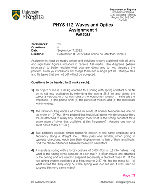 PHYS112 Assignment 5 - Good practice - PHYS 112: Waves and Optics Assignment 5 Total marks: 20 ...