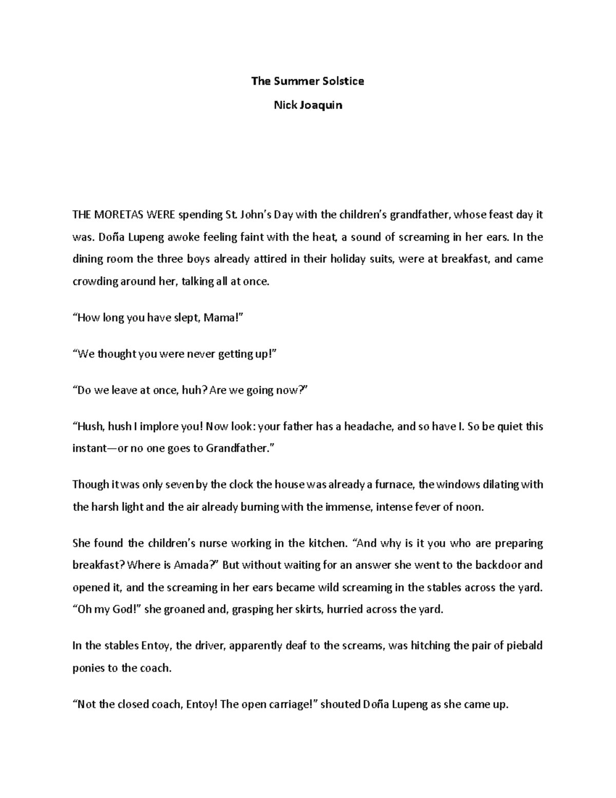 Summer Solstice (ENG 101) - A Study of Nick Joaquin's Narrative - Studocu