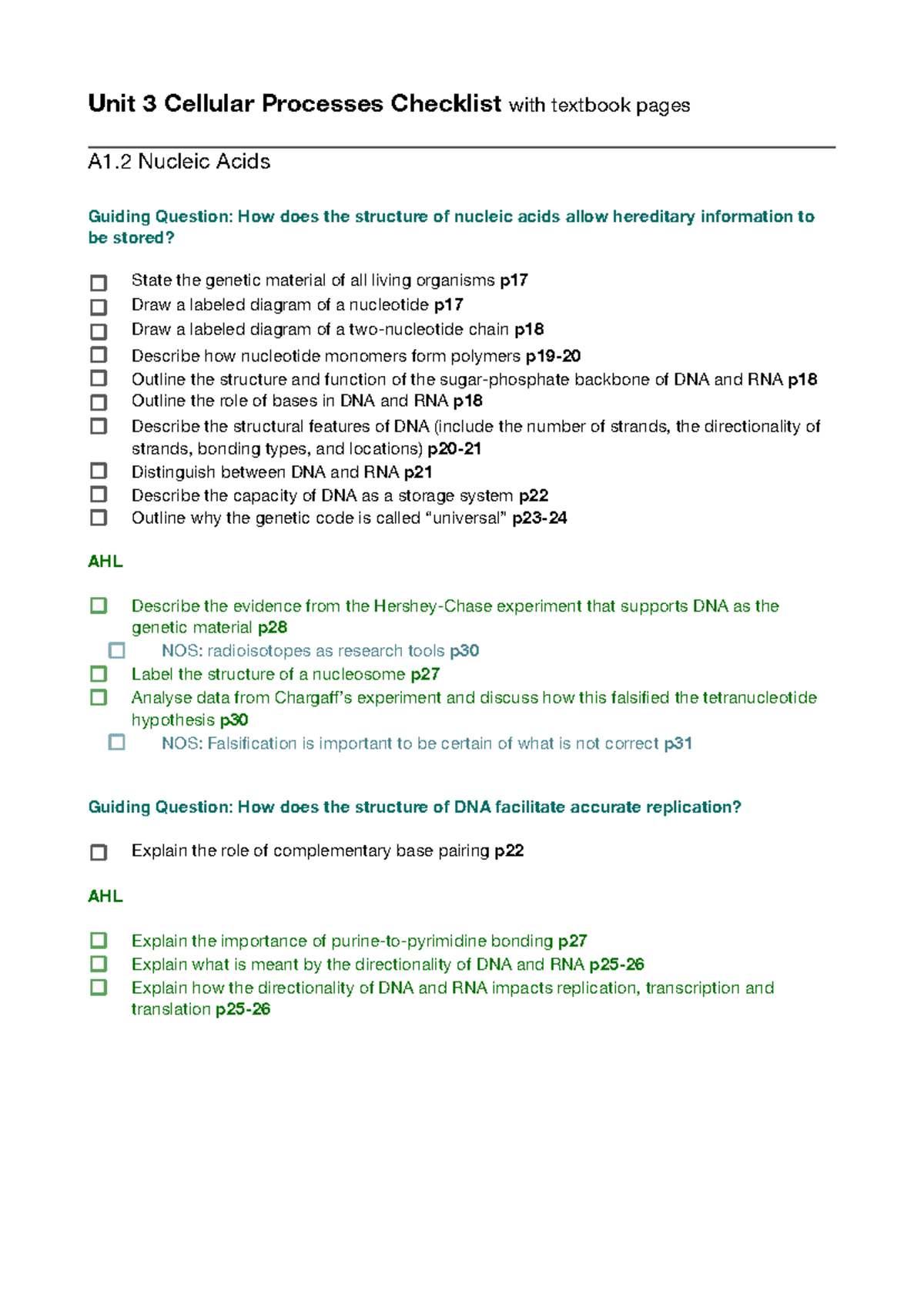 Unit 3 Cellular Processes Checklist: Nucleic Acids, DNA Replication ...