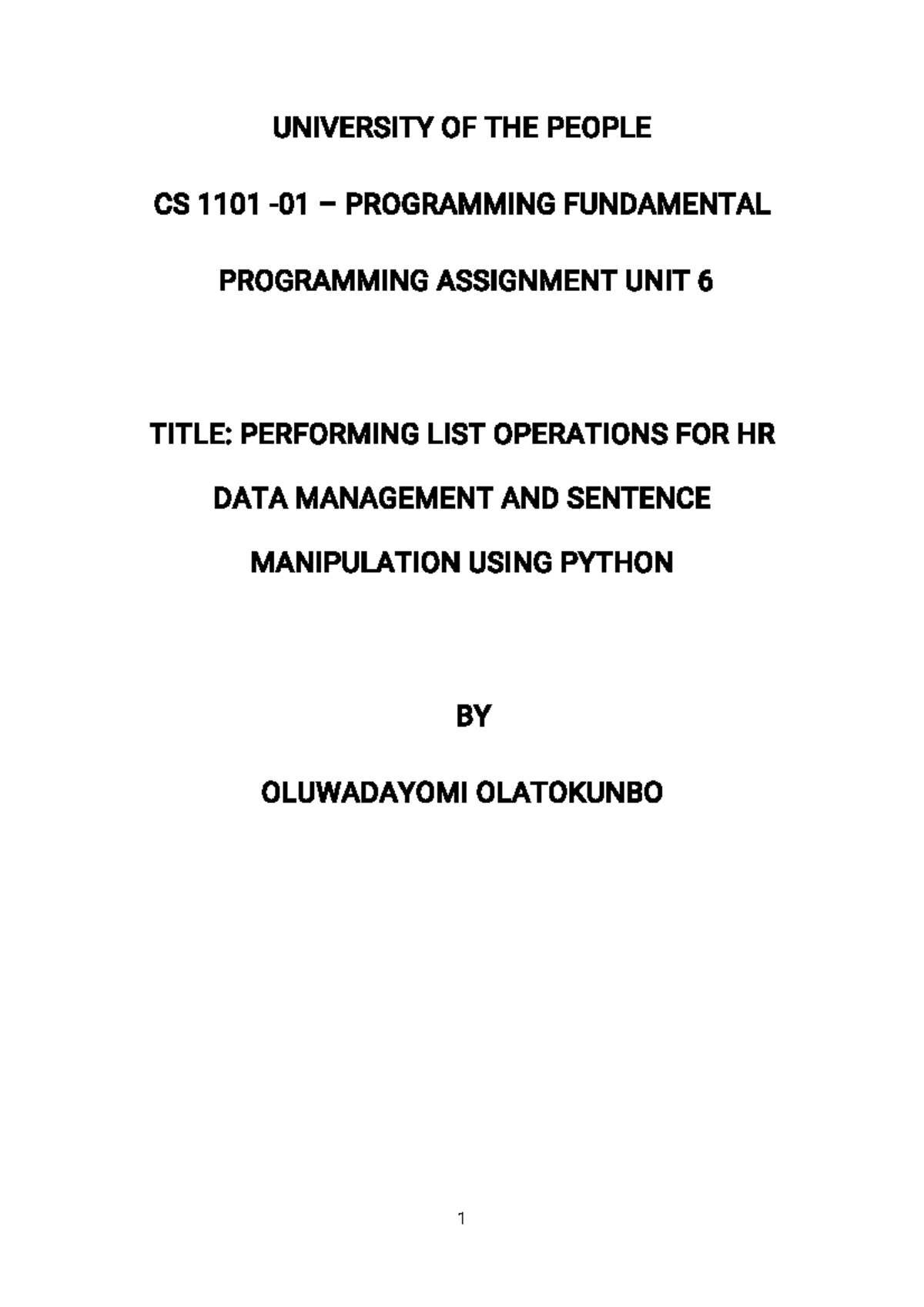 CS 1101 Programming Assignment Unit 6: List Operations for HR Data Management - Studocu
