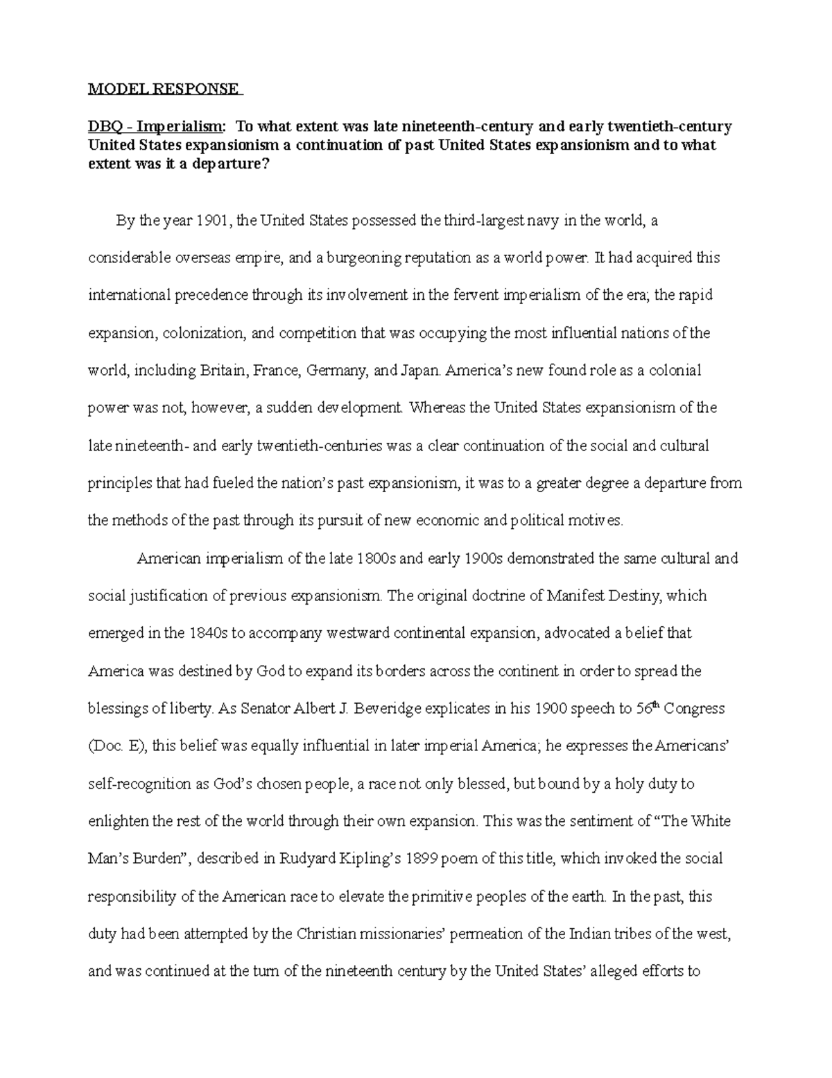 DBQ 19th & 20th Century US Imperialism Model Response Analysis - Studocu