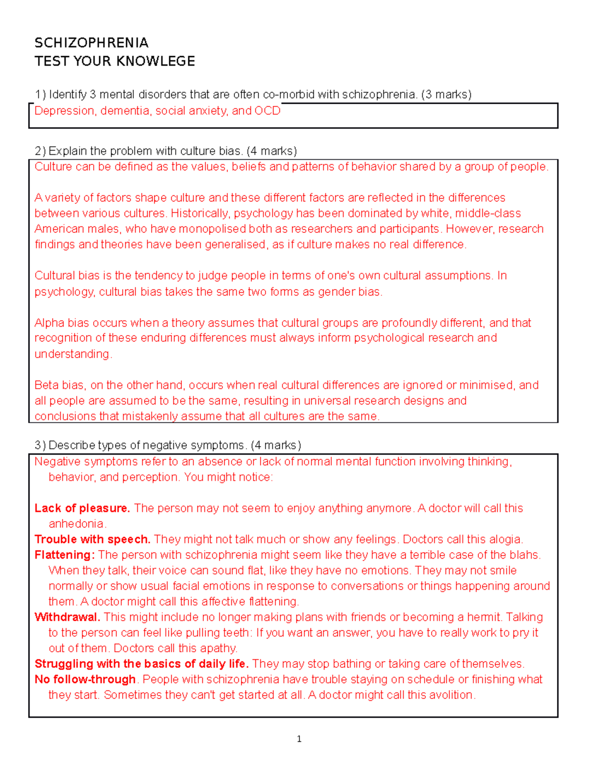 Schizophrenia worksheet 3 - SCHIZOPHRENIA TEST YOUR KNOWLEGE 1 ...