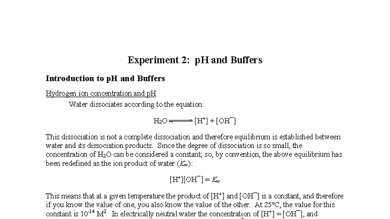 Experiment 2: pH and Buffers Theory and Practical Applications - Studocu