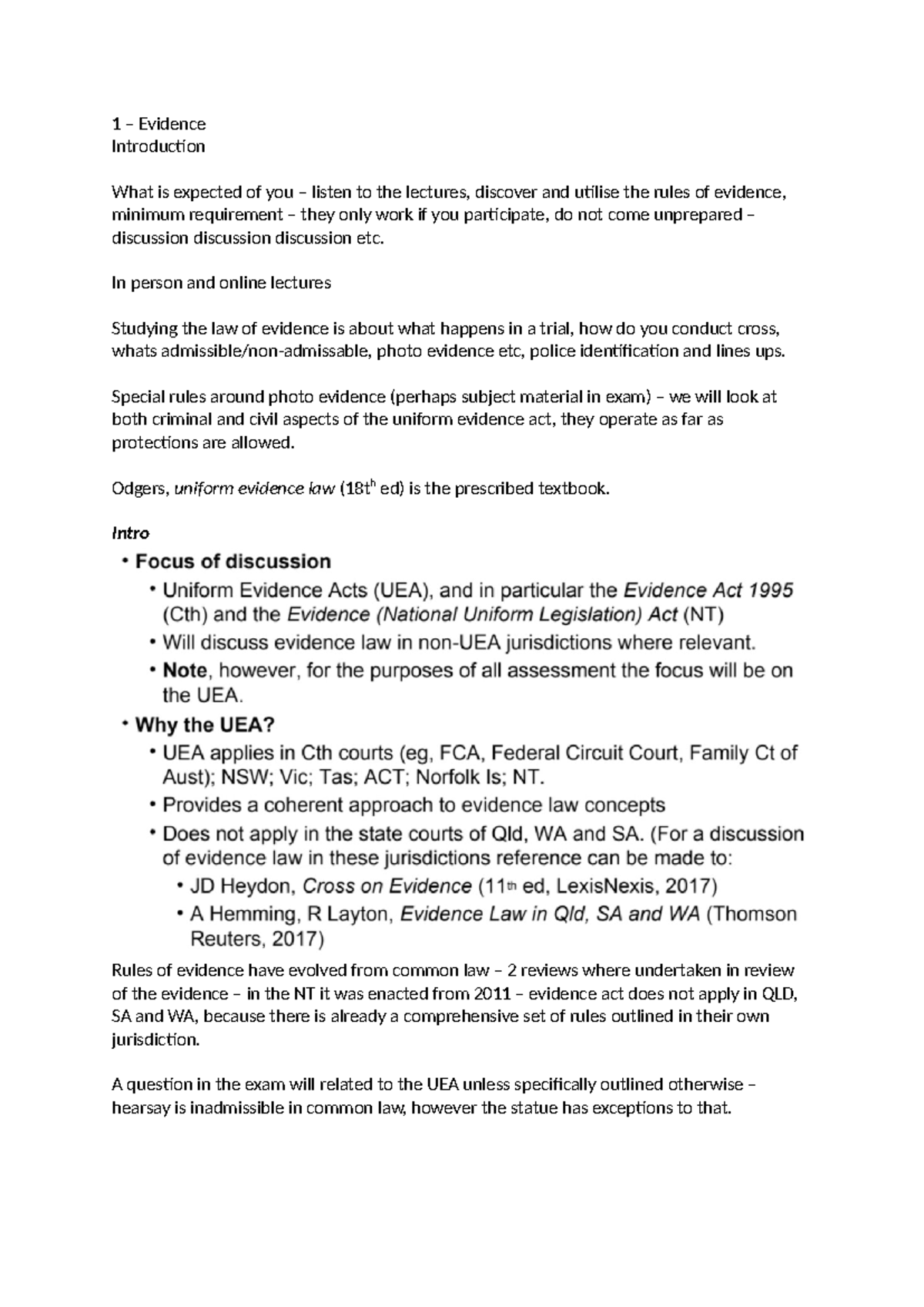 Evidence Law Lecture Notes & Slides - Intro to UEA (LAW101) - Studocu