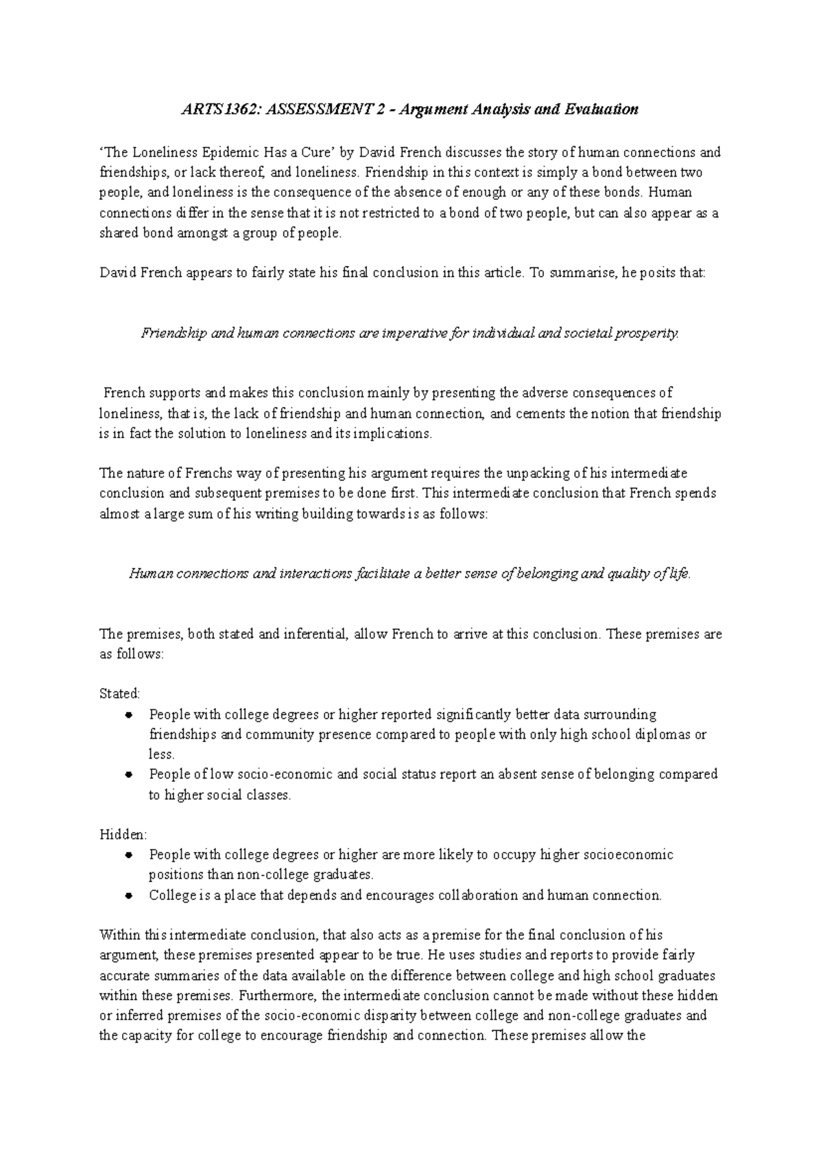 ARTS1362 - Assessment 2 Argument Analysis and Evaluation - ARTS1362 ...