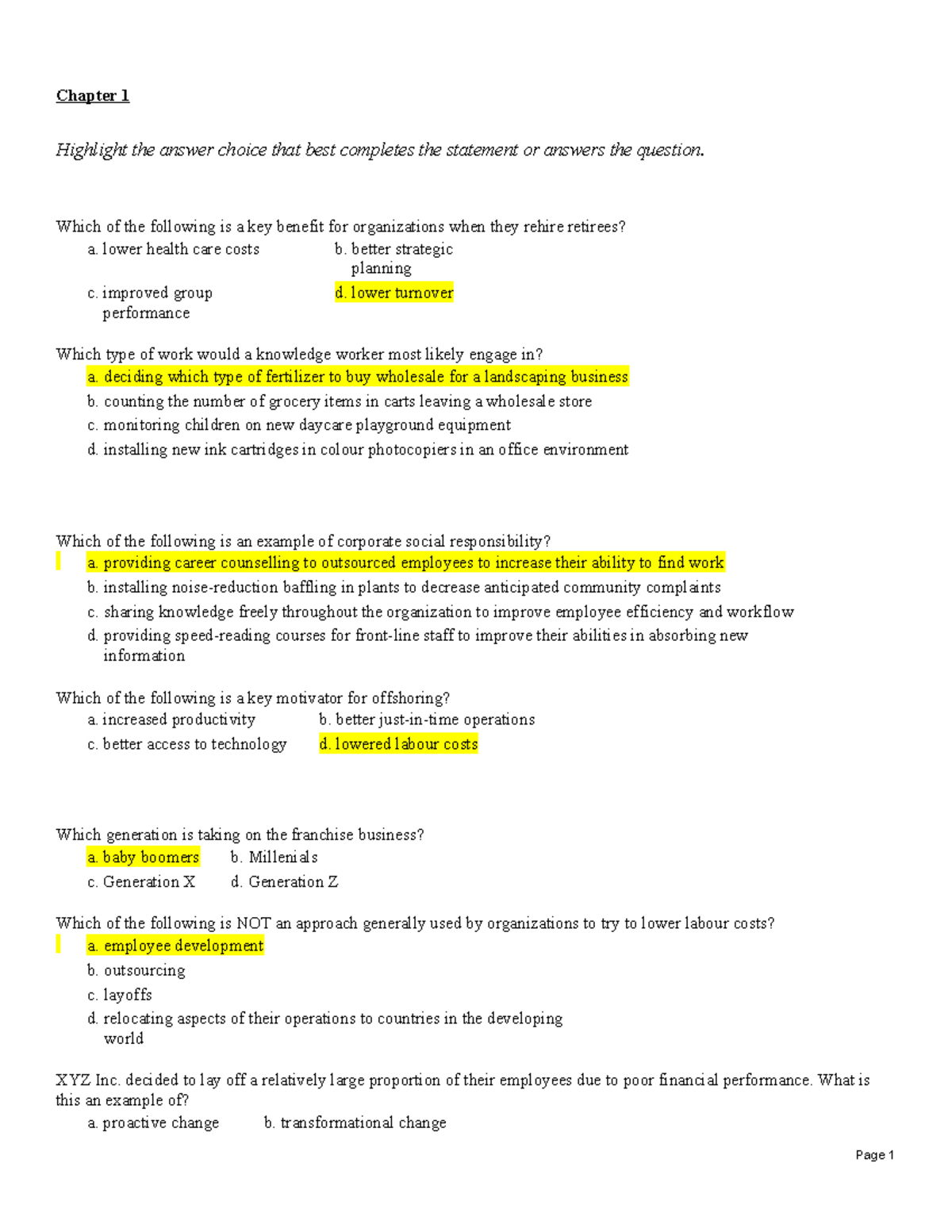 Chapter 1 multiple choice practice - Chapter 1 Highlight the answer ...