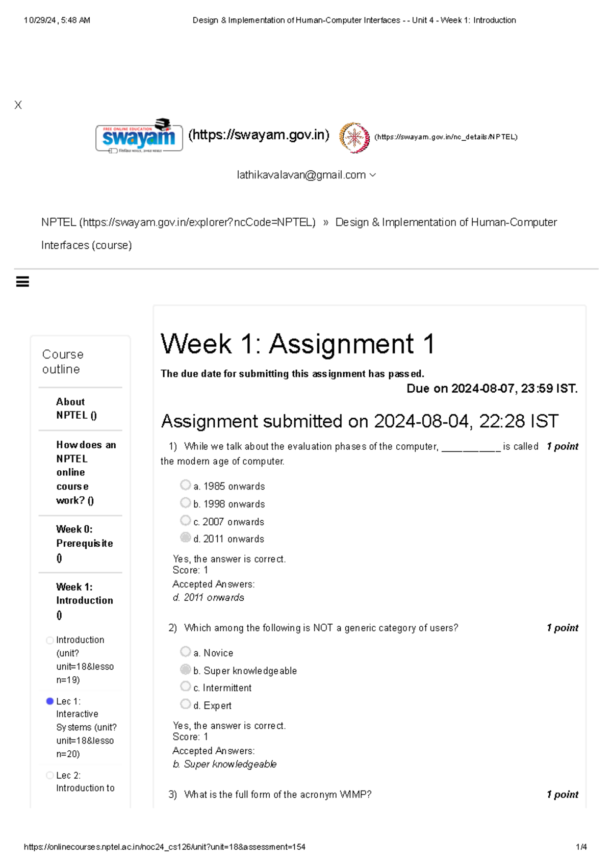 2024 NPTEL Design & Implementation of Human-Computer Interfaces - Assignments Overview - Studocu