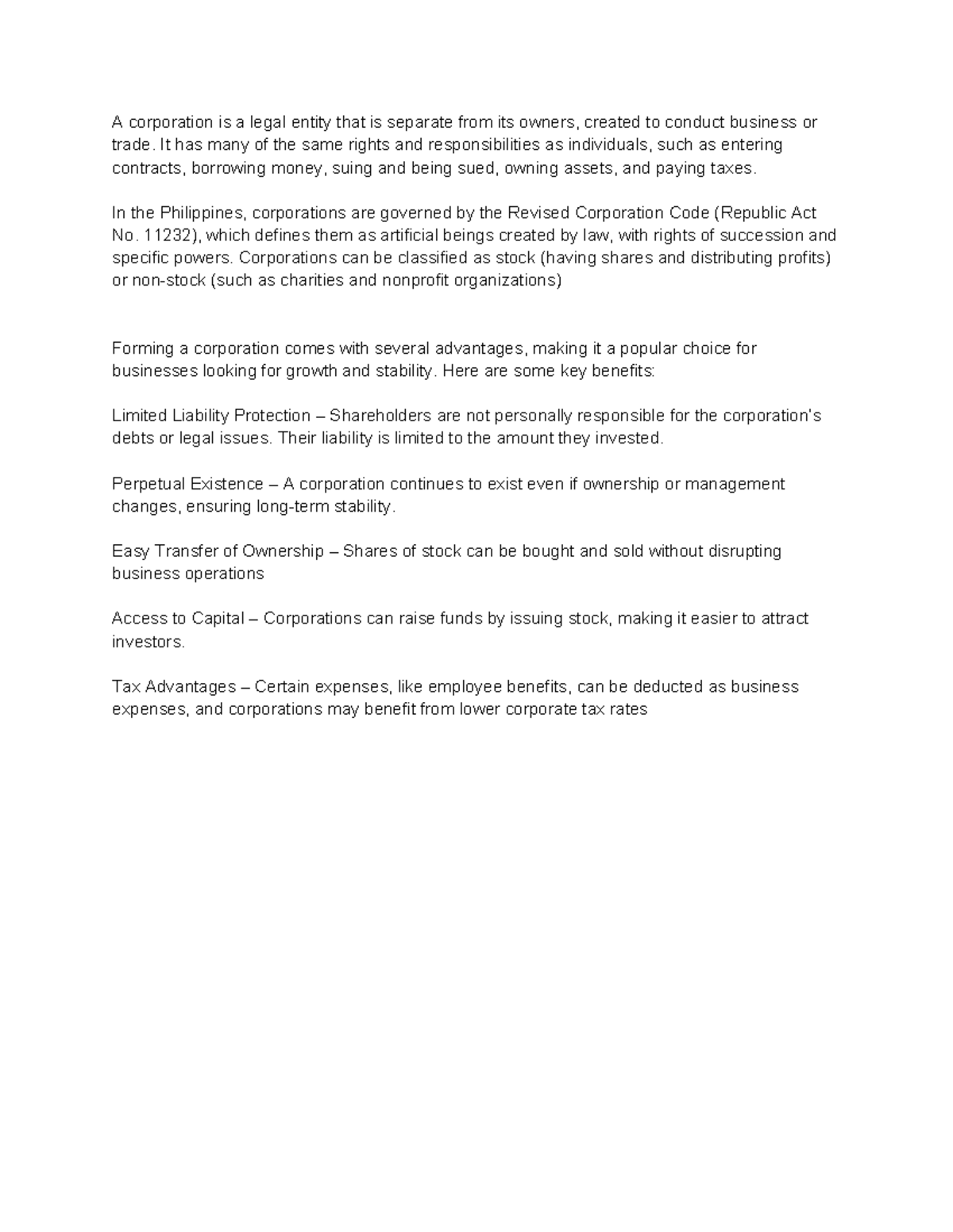 Understanding Corporations: Legal Entities and Their Benefits - Studocu