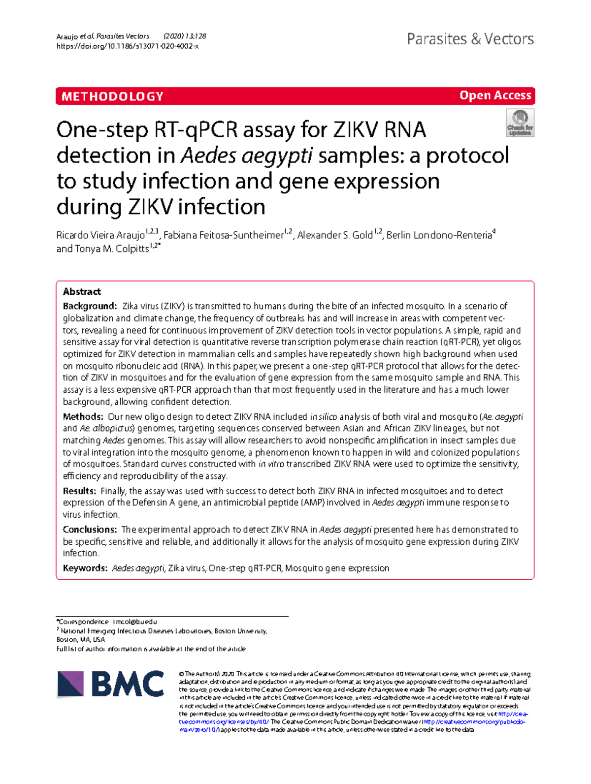 ZIKV RT-qPCR Methodology for Aedes aegypti Detection and Gene ...