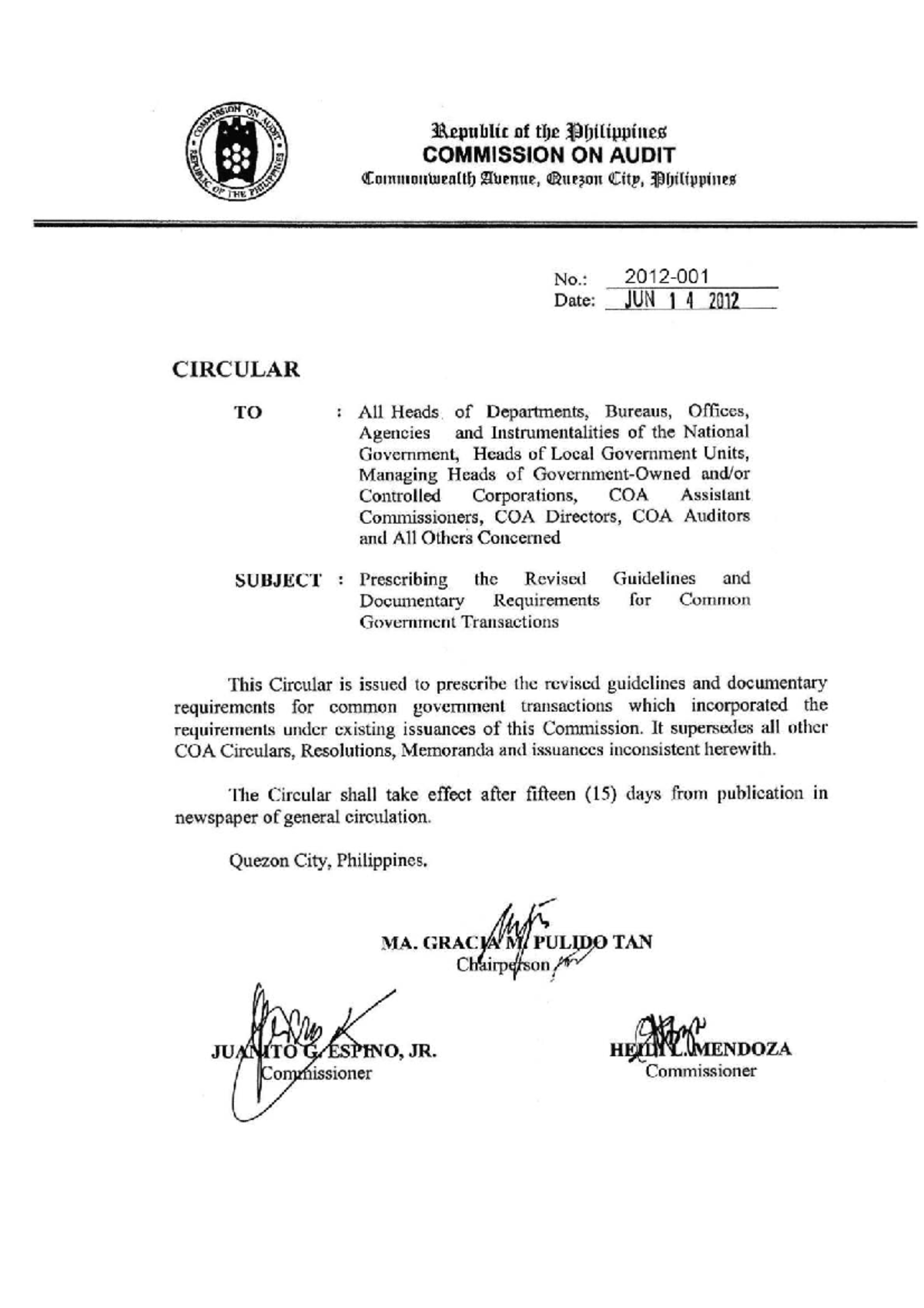 COA Circular 2012-001: Revised Guidelines for Government Transactions ...