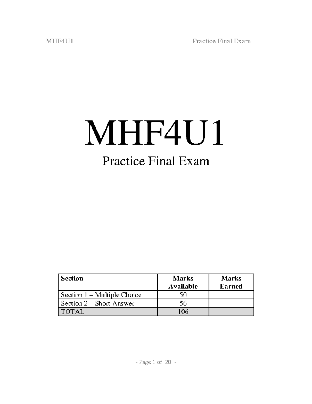Mhf4upracticeexam 1 (1) - ####### MHF4U1 Practice Final Exam MHF4U ...