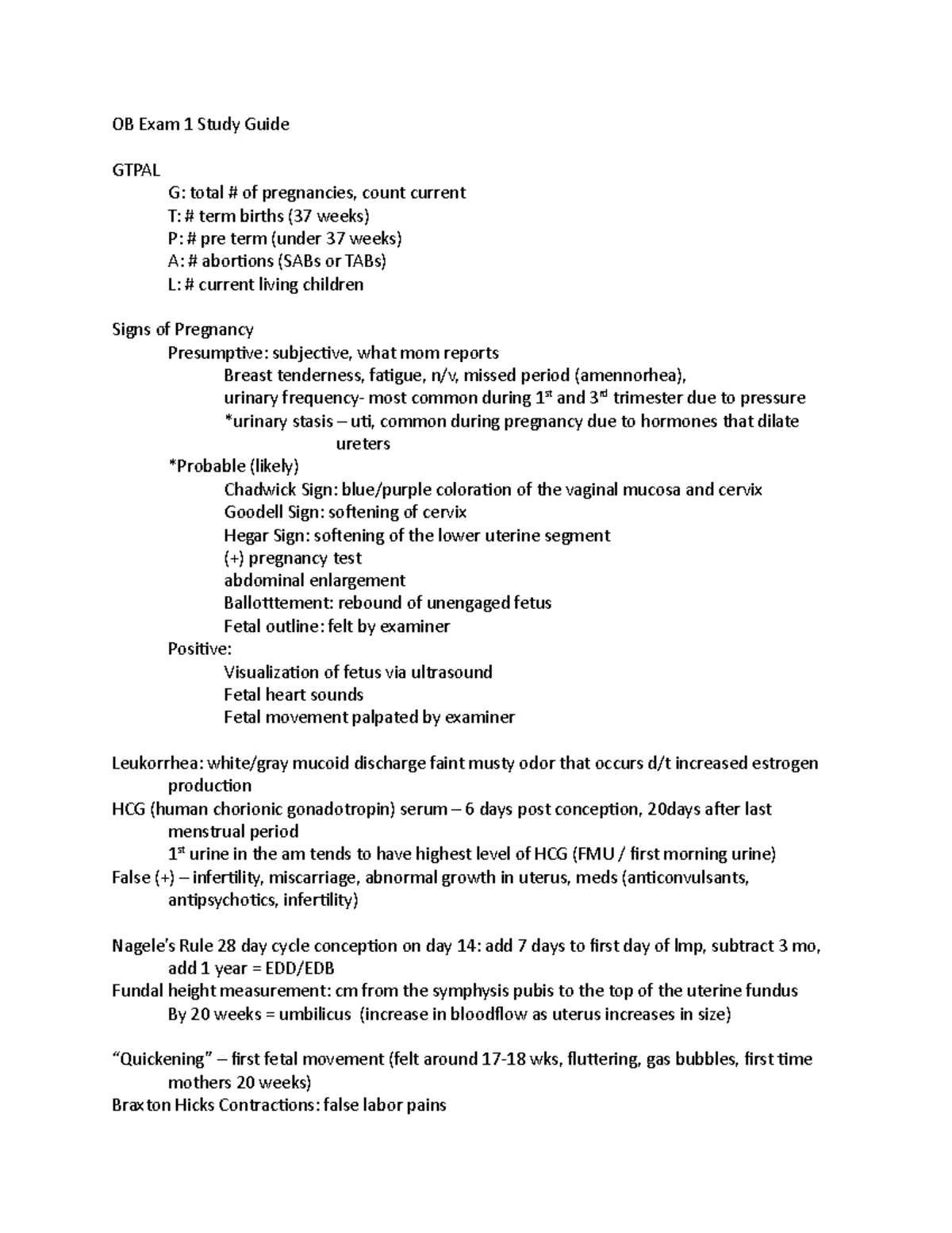 OB Exam 1 Study Guide - OB Exam 1 Study Guide GTPAL G: total # of ...