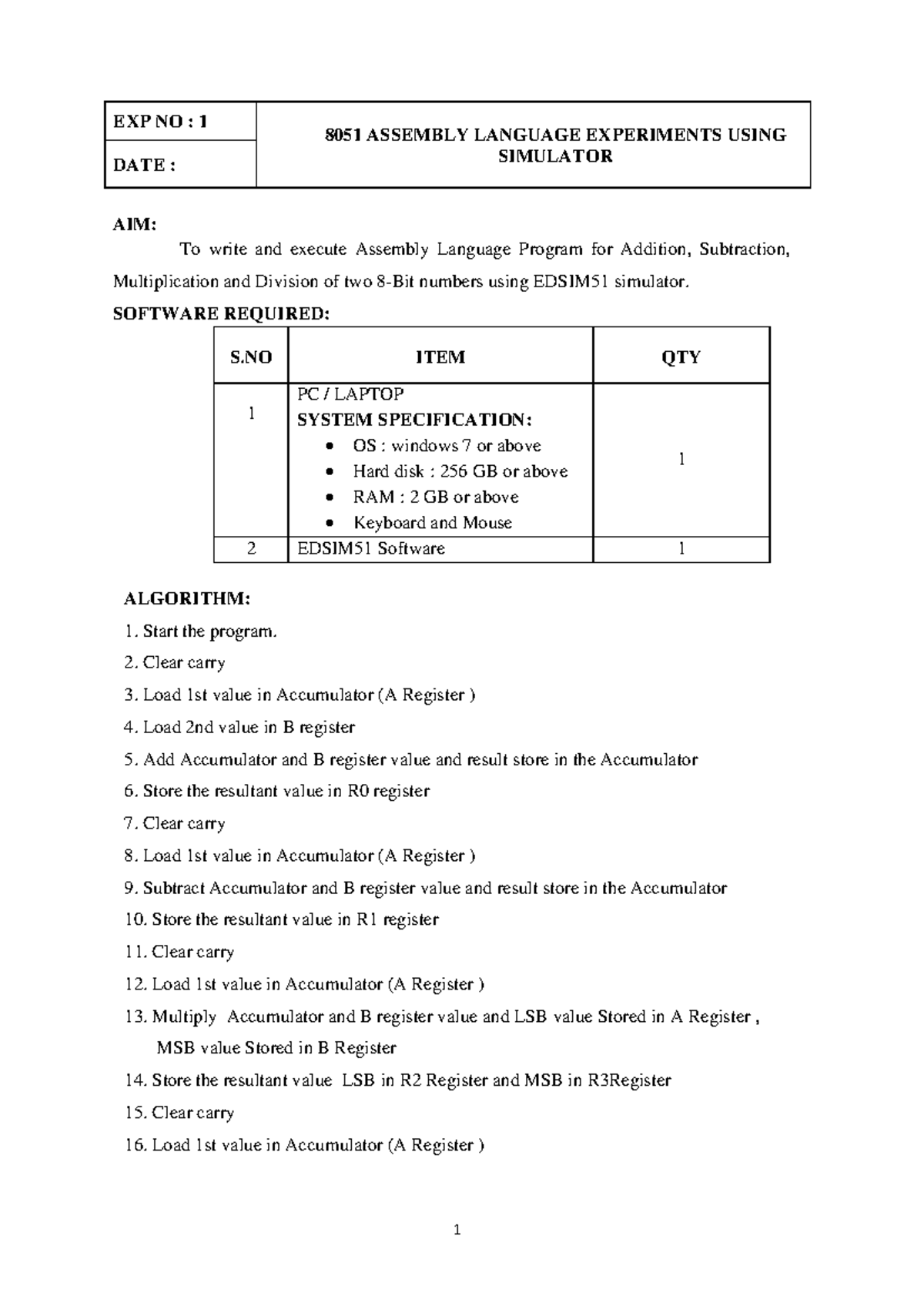 CS3691 IoT Lab: Assembly Language Experiments with EDSIM51 Simulator - Studocu