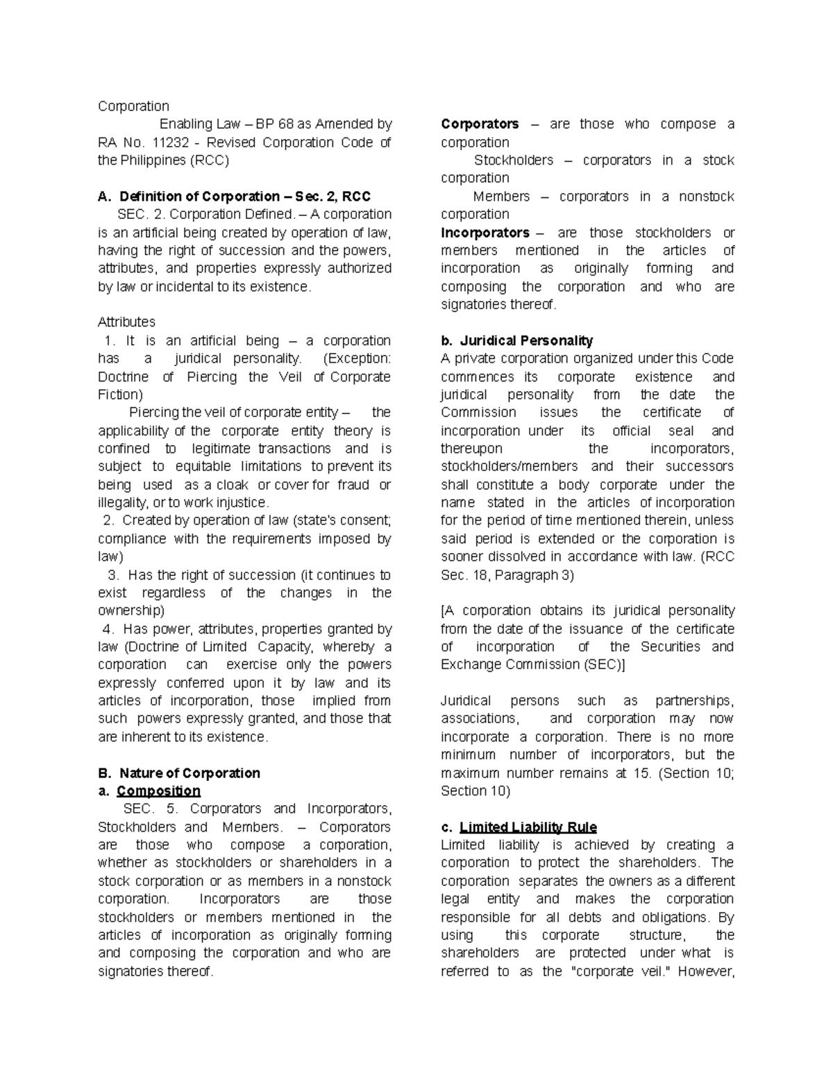 Revised Corporation Code of the Philippines (BP 68) Overview - Studocu