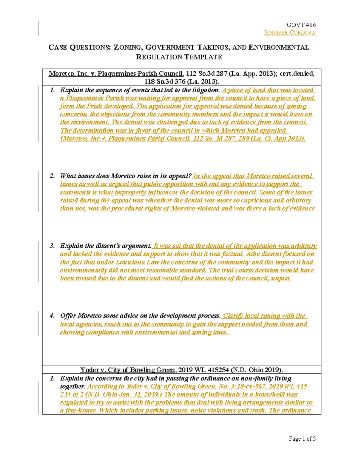 GOVT 406 Case Questions: Zoning, Takings, & Environmental Regulations ...