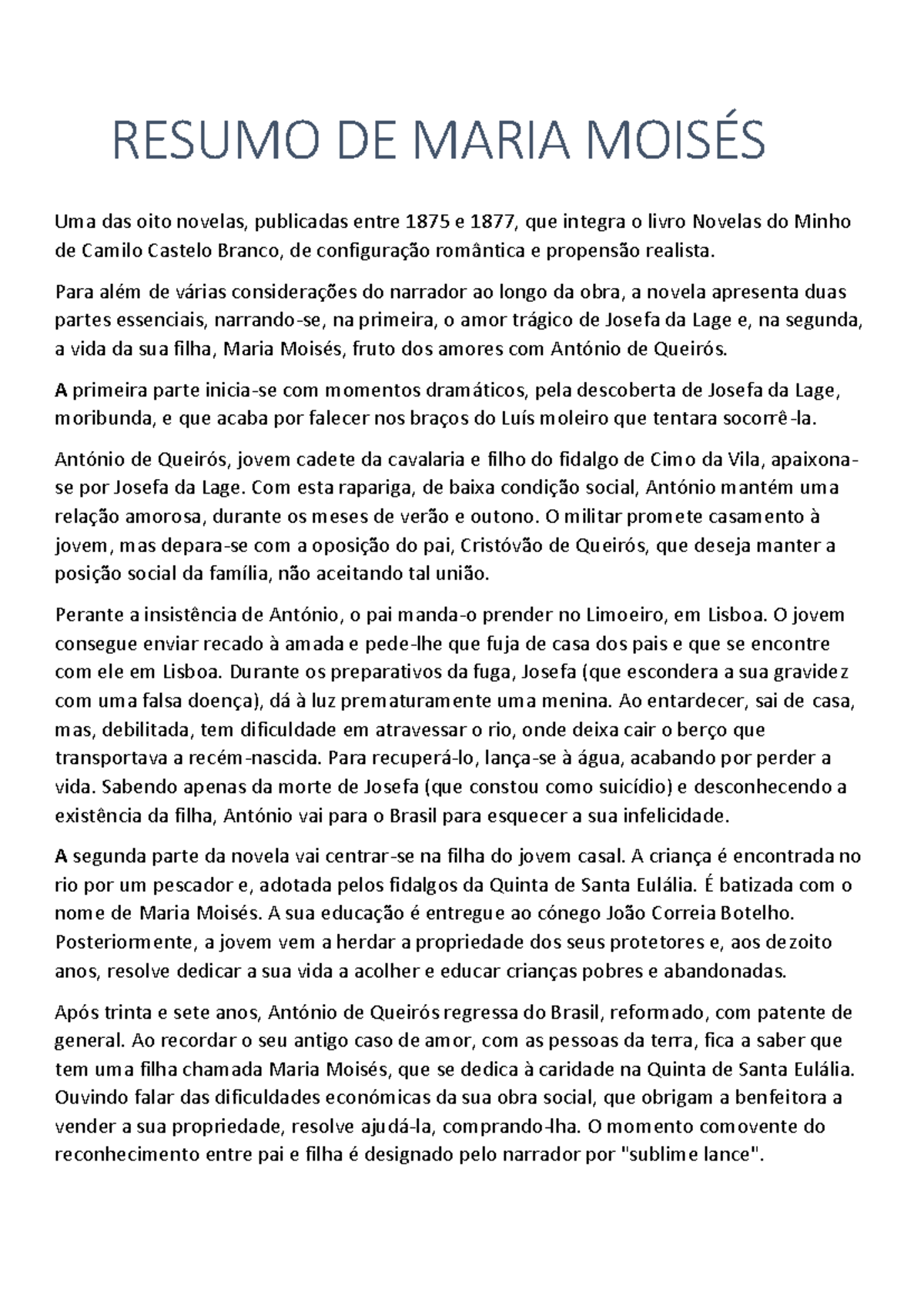 Resumo da Novela "Maria Moisés" - Camilo Castelo Branco - Studocu