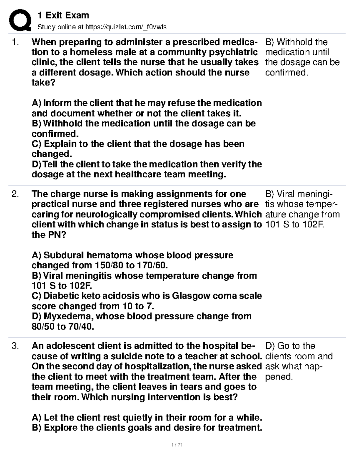 1 Exit Exam - Nursing Practice Essentials (NUR101) - Studocu